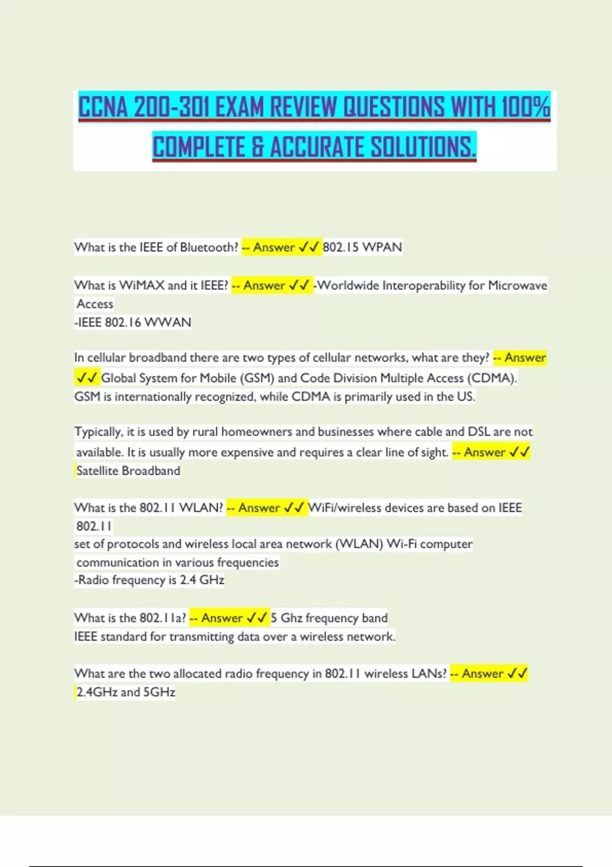 CCNA 200-301 EXAM REVIEW QUESTIONS WITH 100% COMPLETE & ACCURATE SOLUTIONS - CCNA - Cisco ...