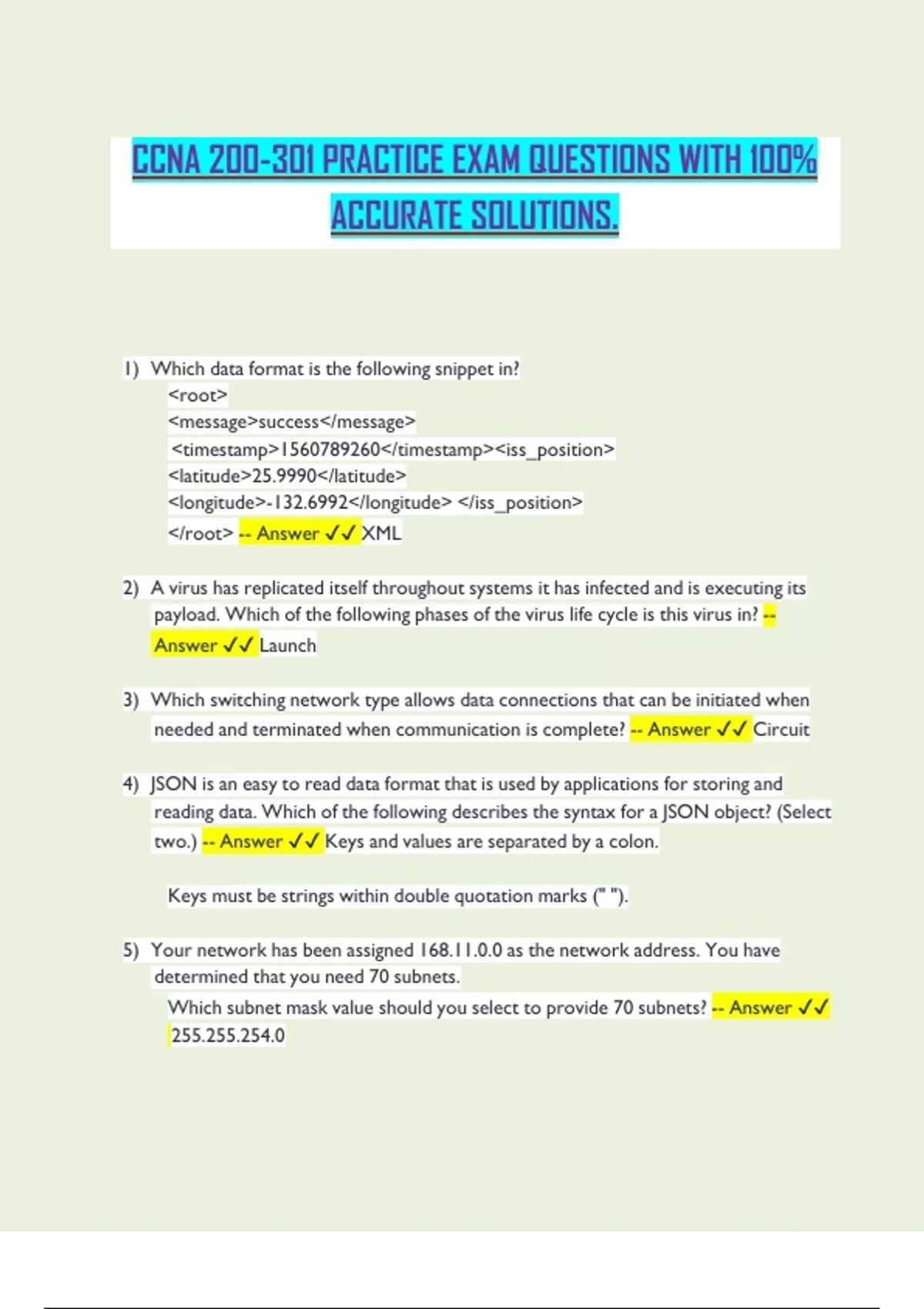 CCNA 200-301 PRACTICE EXAM QUESTIONS WITH 100% ACCURATE SOLUTIONS - CCNA - Cisco Certified ...