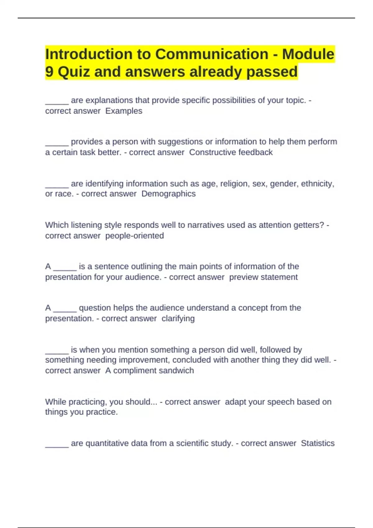 Introduction to Communication - Module 9 Quiz and answers already ...