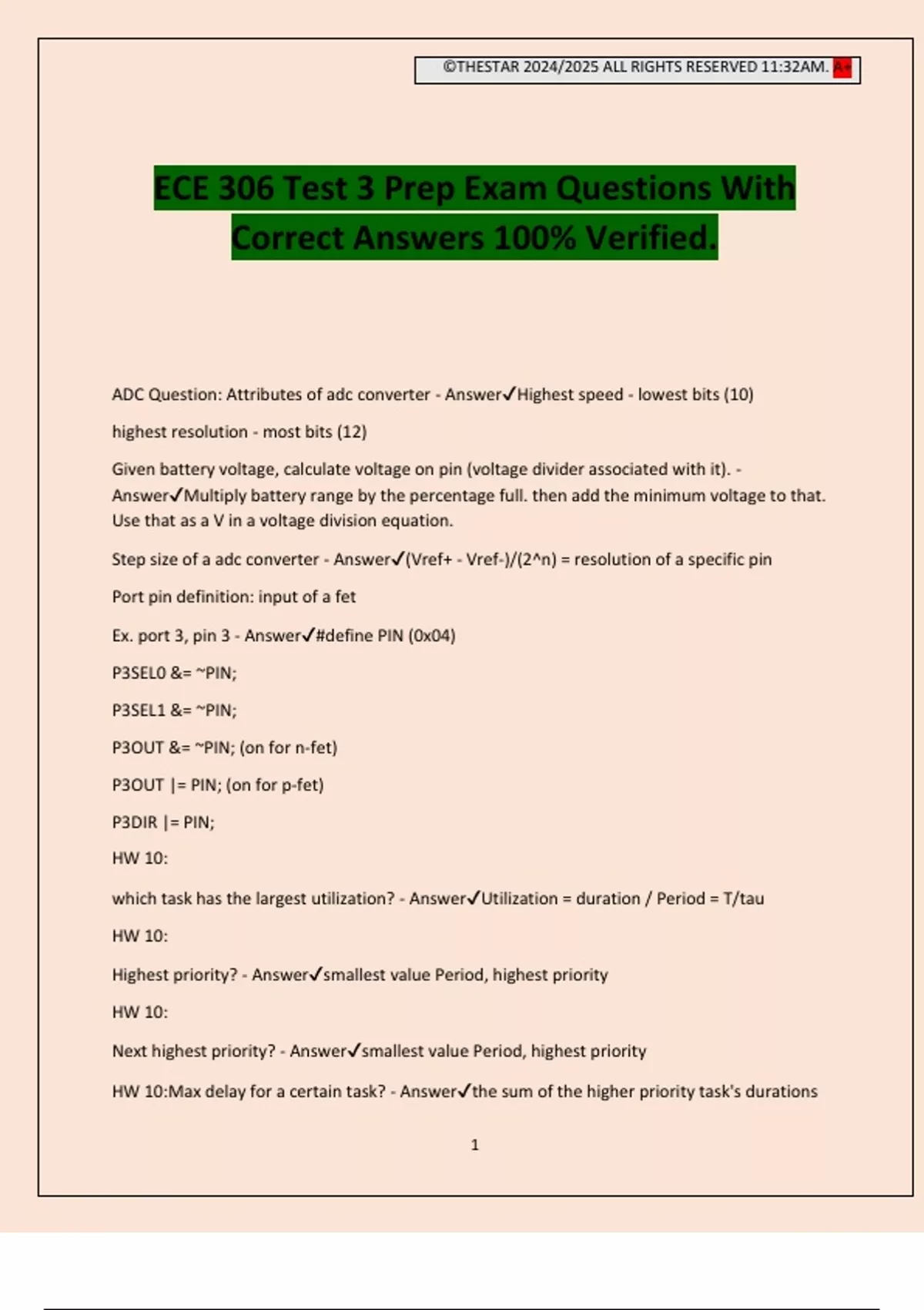 ECE 306 Test 3 Prep Exam Questions With Correct Answers 100% Verified ...