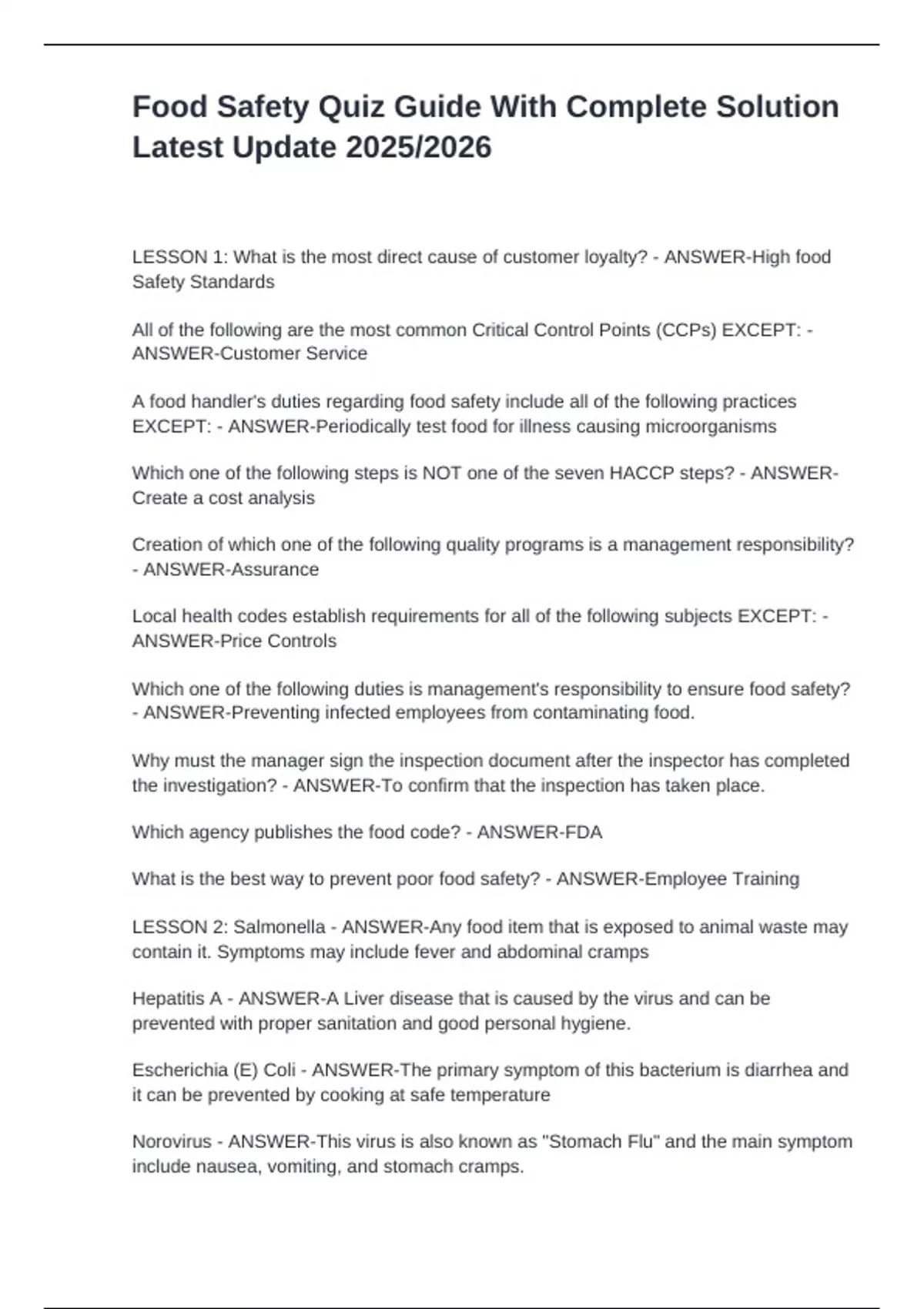 Food Safety Quiz Guide With Complete Solution Latest Update 2025/2026 ...