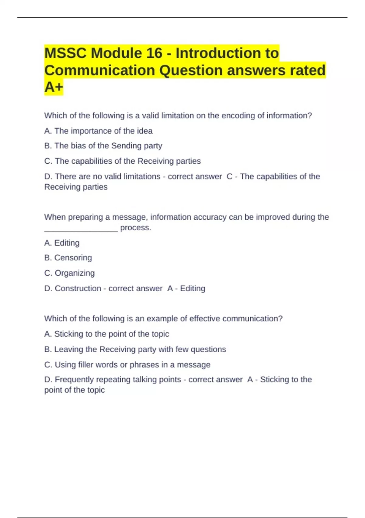 MSSC Module 16 - Introduction to Communication Question answers rated ...