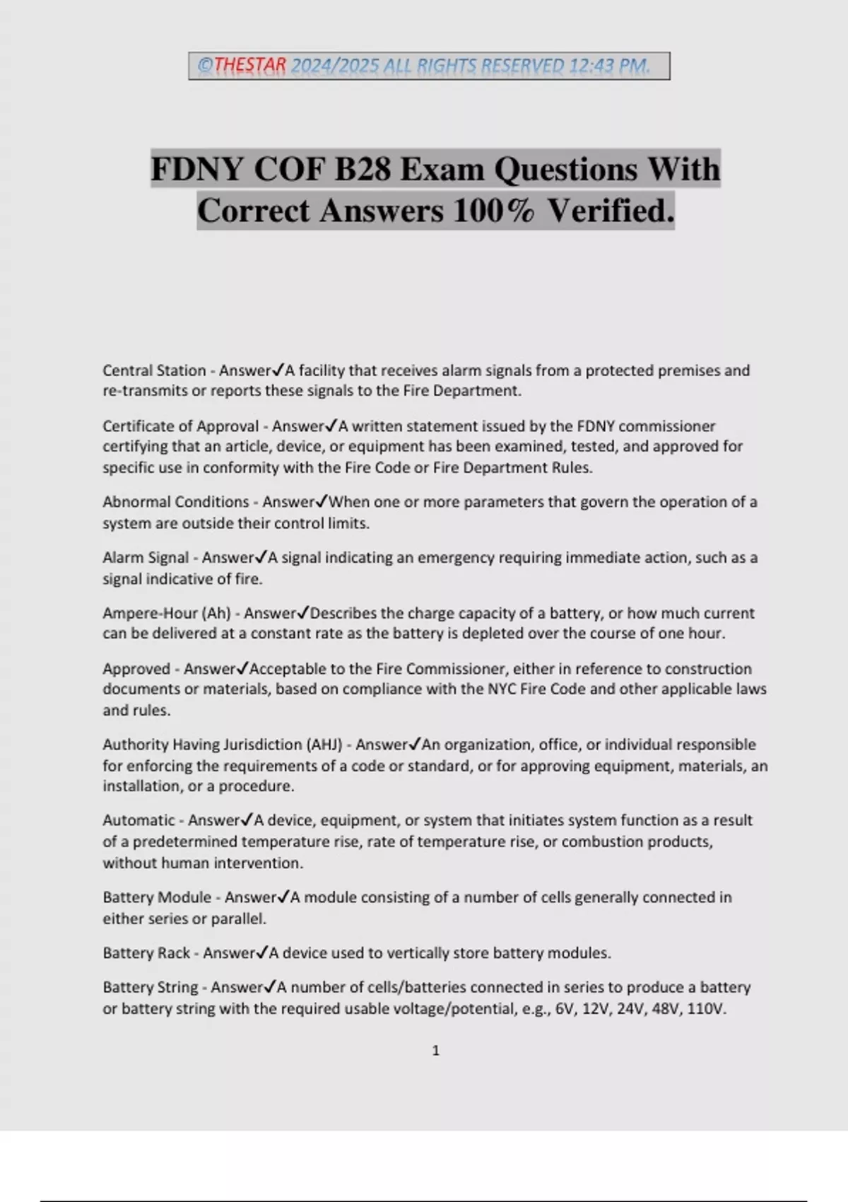 FDNY COF B28 Exam Questions With Correct Answers 100% Verified. - FDNY ...