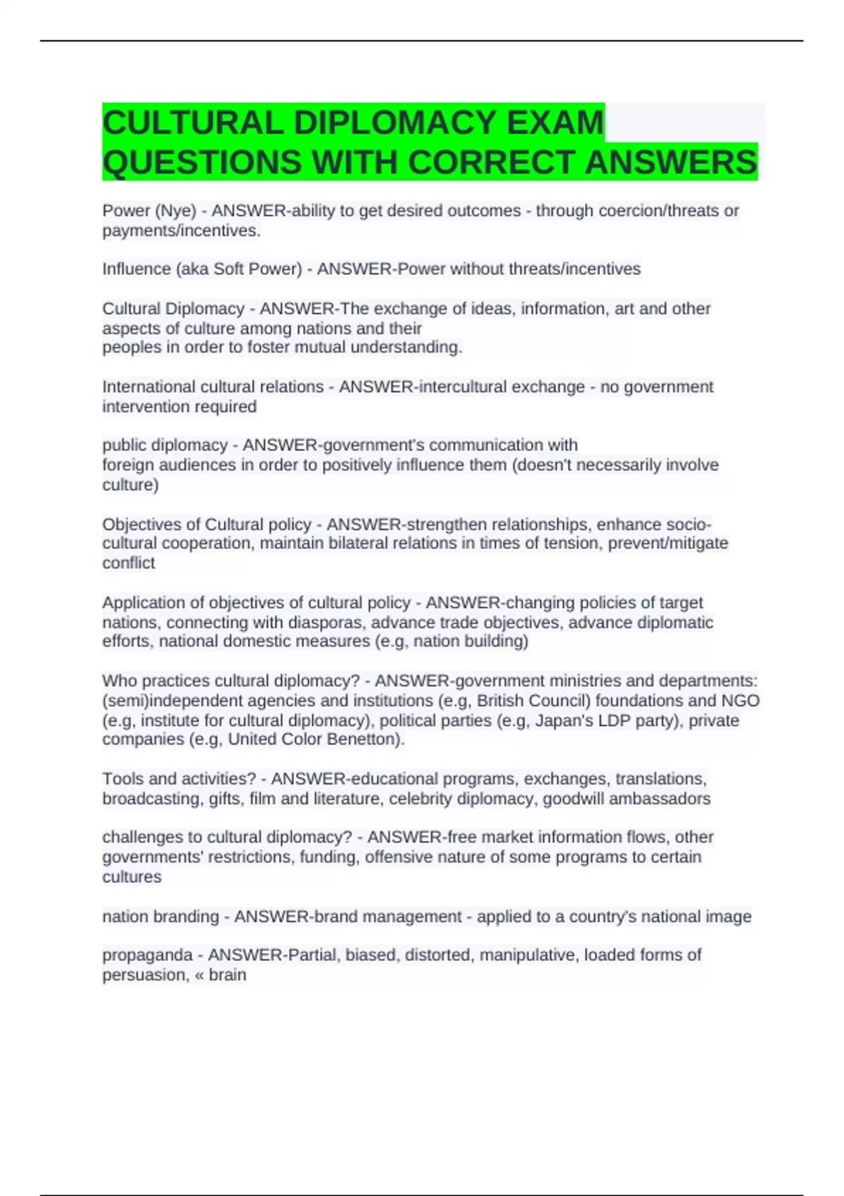 CULTURAL DIPLOMACY EXAM QUESTIONS WITH CORRECT ANSWERS - PUBLIC ...