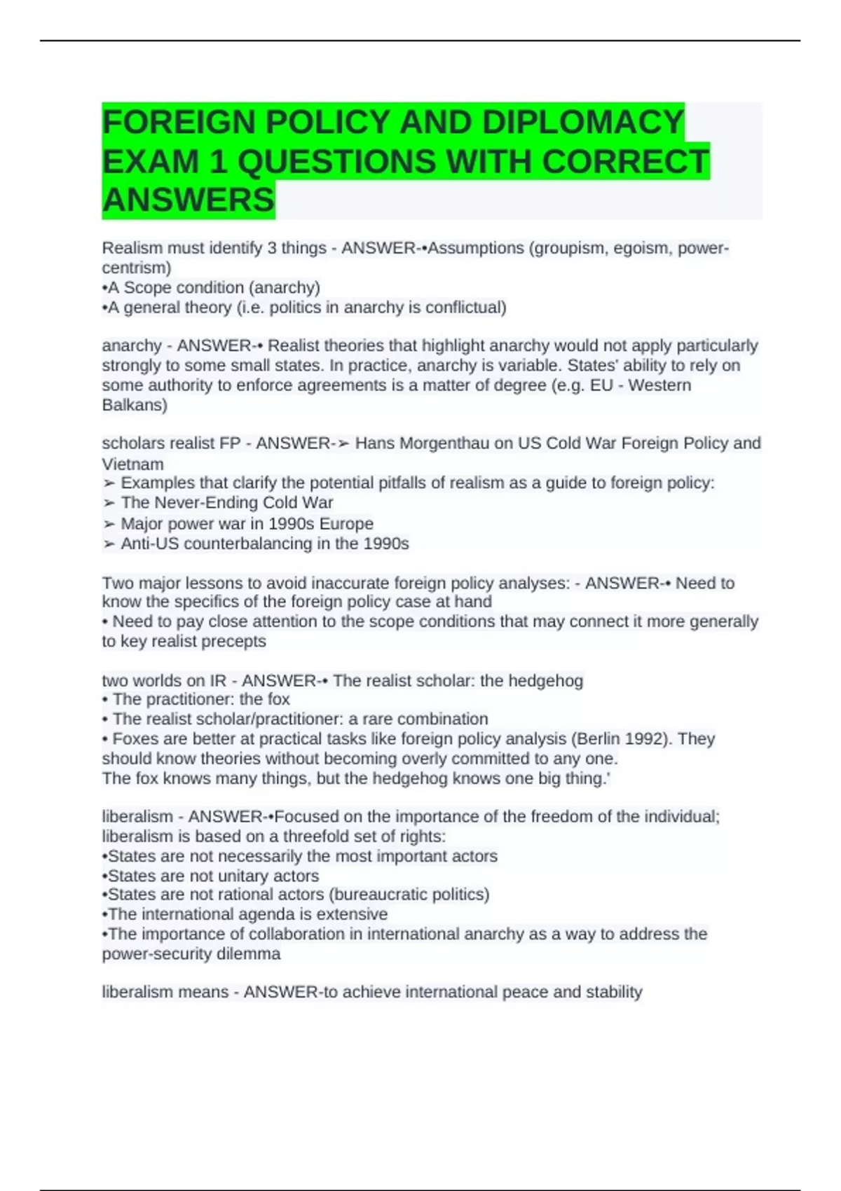 FOREIGN POLICY AND DIPLOMACY EXAM 1 QUESTIONS WITH CORRECT ANSWERS ...