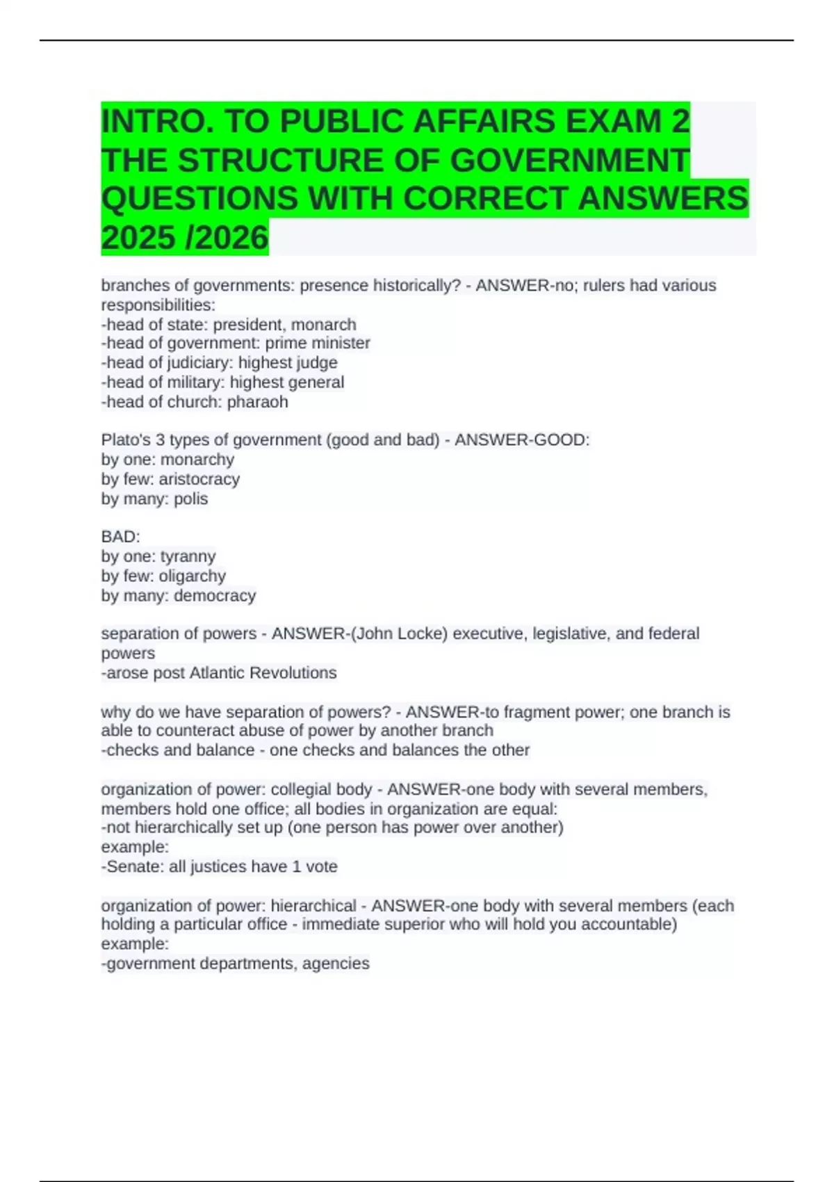 INTRO. TO PUBLIC AFFAIRS EXAM 2 THE STRUCTURE OF GOVERNMENT QUESTIONS ...