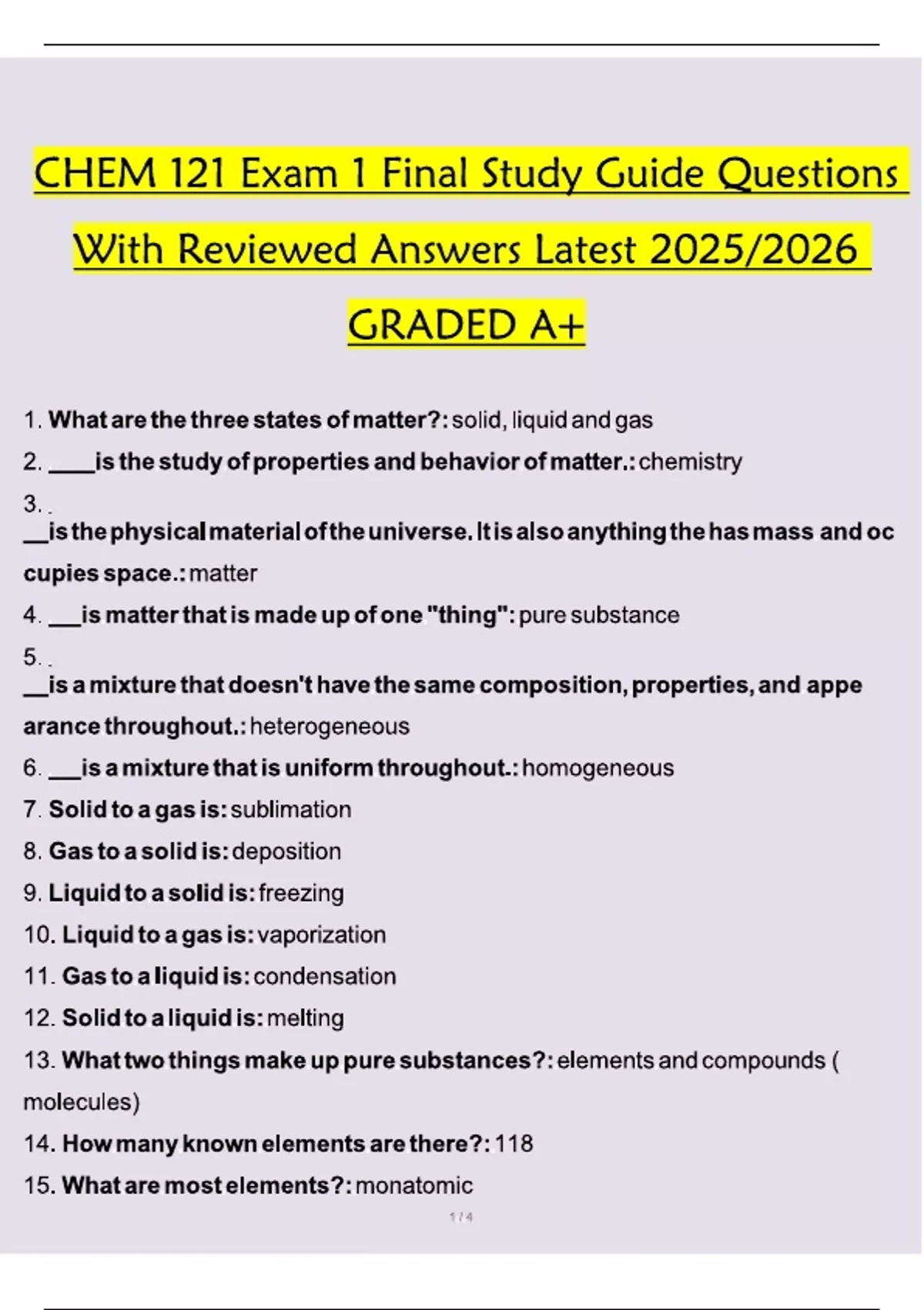 CHEM 121 Exam 1 Final Study Guide Questions With Reviewed Answers ...