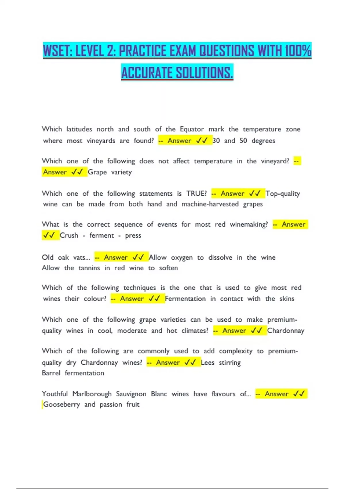 WSET LEVEL 2 PRACTICE EXAM QUESTIONS WITH 100% ACCURATE SOLUTIONS ...