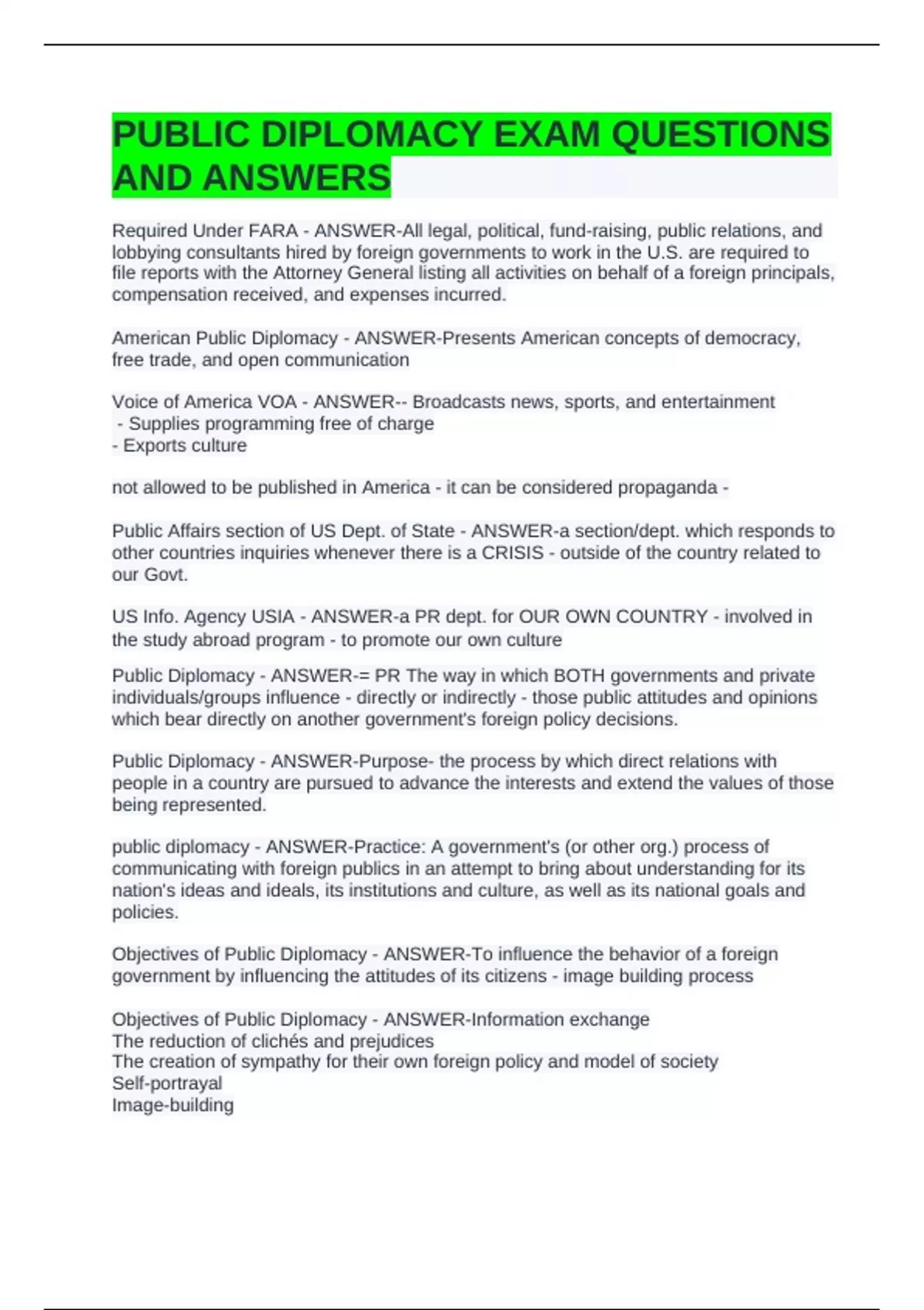 PUBLIC DIPLOMACY EXAM QUESTIONS AND ANSWERS - PUBLIC DIPLOMANCY - Stuvia US