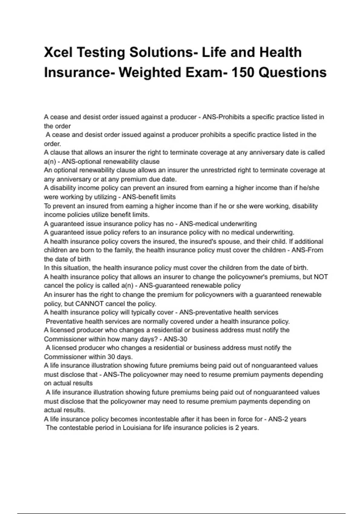 Xcel Testing Solutions- Life and Health Insurance- Weighted Exam- 150 ...