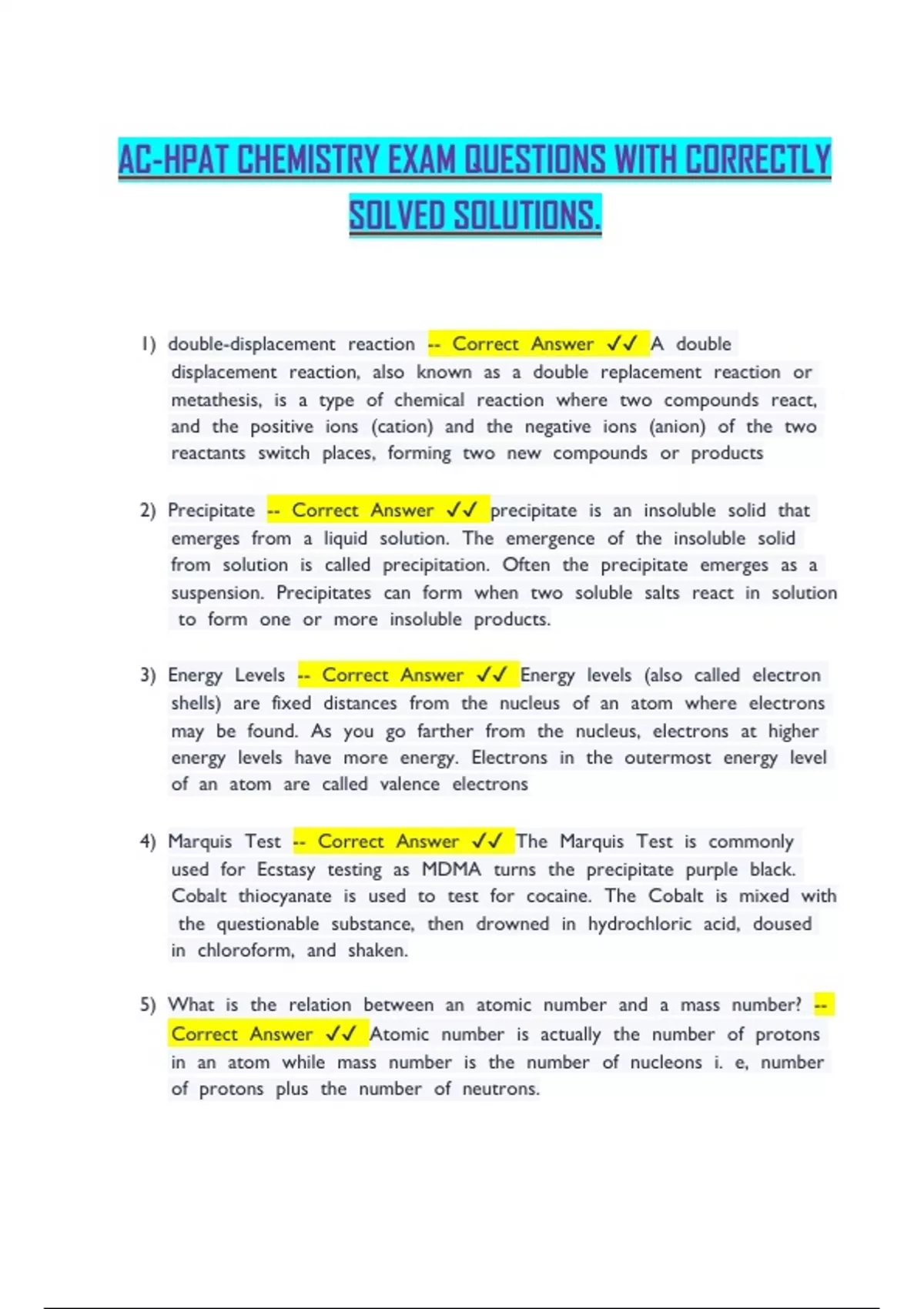 AC-HPAT CHEMISTRY EXAM QUESTIONS WITH CORRECTLY SOLVED SOLUTIONS - AC ...