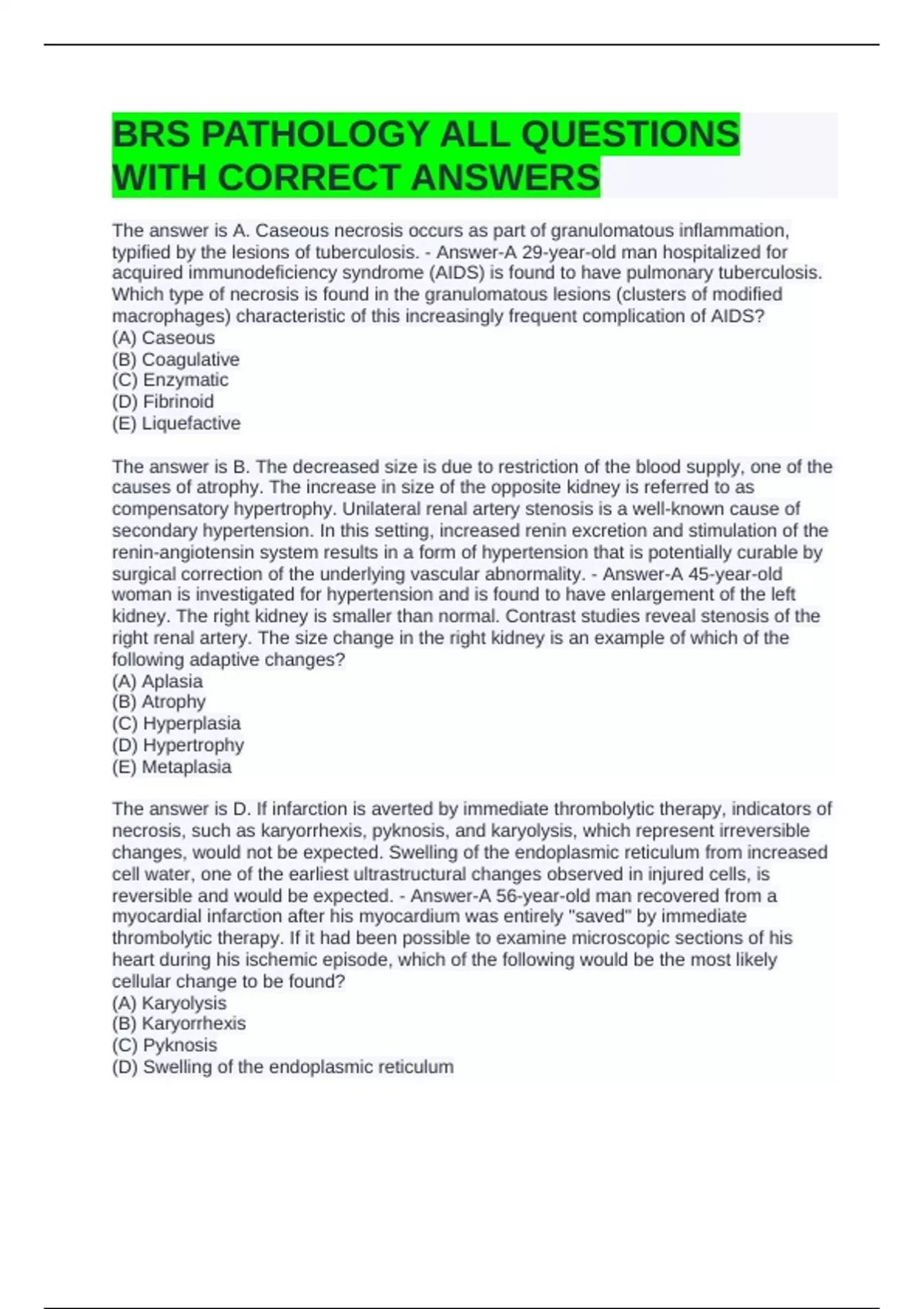 BRS PATHOLOGY ALL QUESTIONS WITH CORRECT ANSWERS - Pathology - Stuvia US