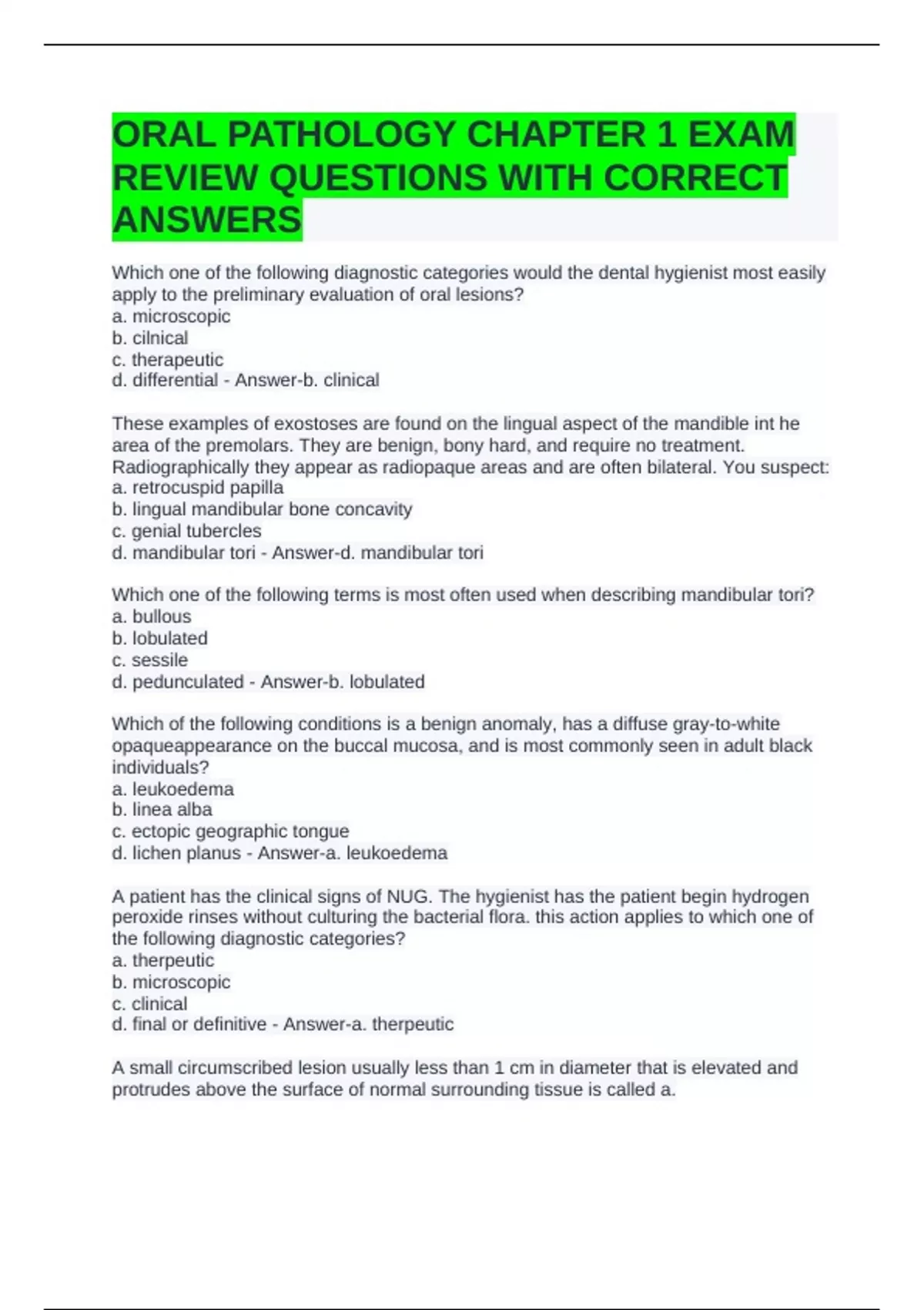 ORAL PATHOLOGY CHAPTER 1 EXAM REVIEW QUESTIONS WITH CORRECT ANSWERS ...