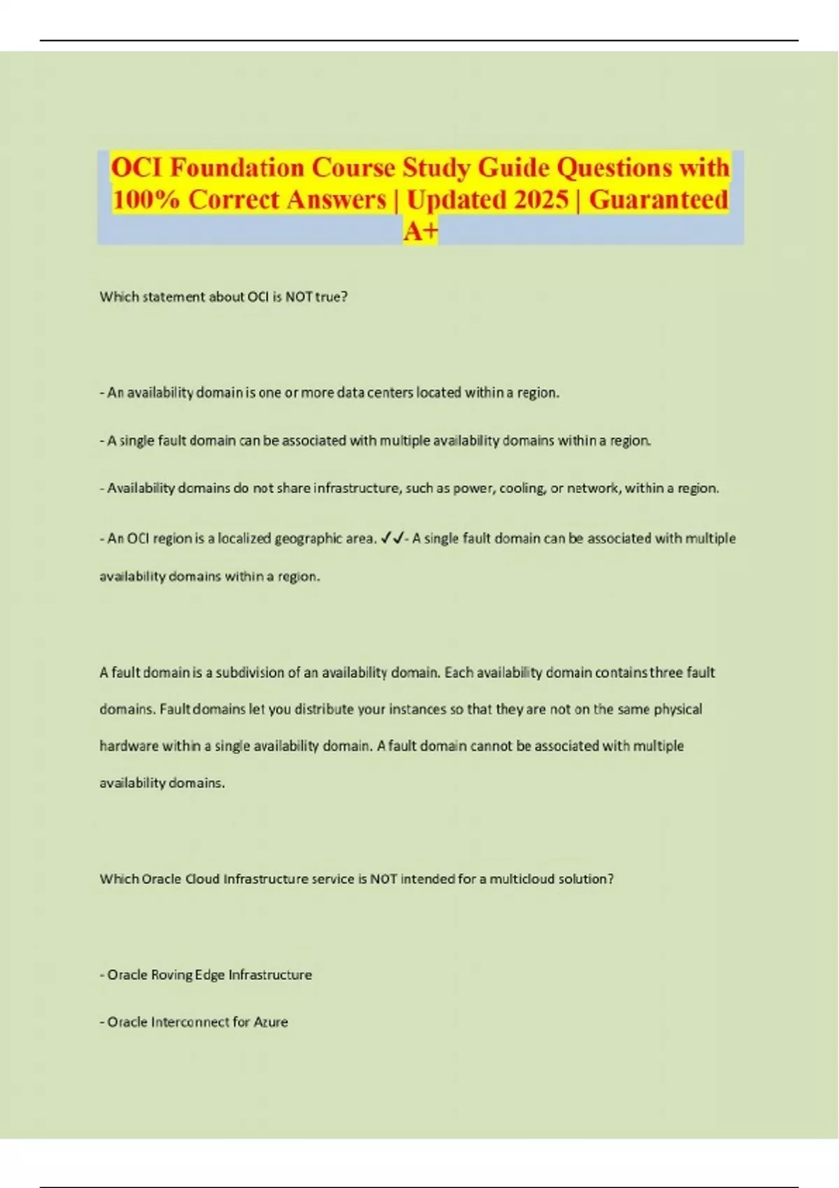 OCI Foundation Course Study Guide Questions with 100% Correct Answers ...