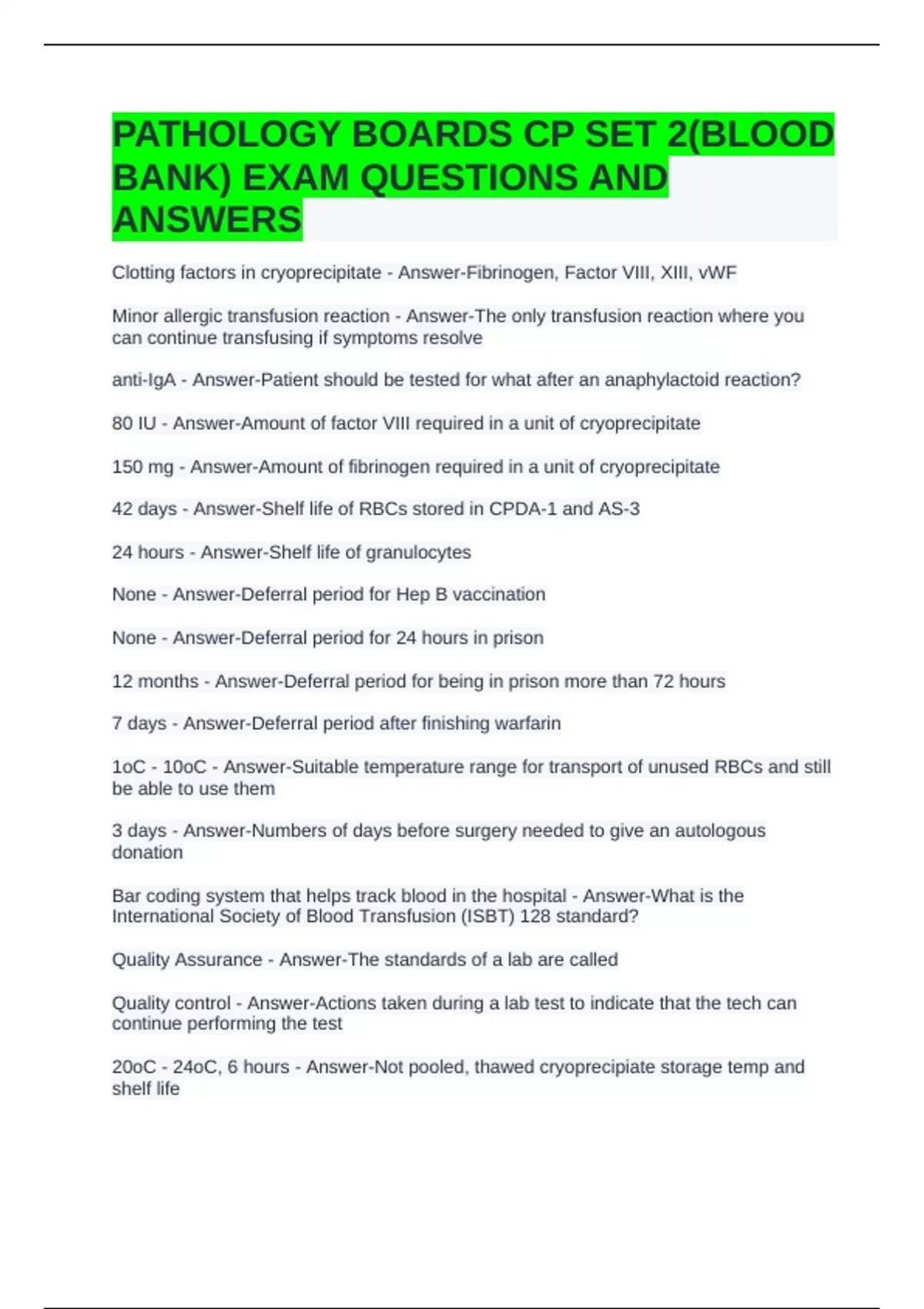 PATHOLOGY BOARDS CP SET 2(BLOOD BANK) EXAM QUESTIONS AND ANSWERS ...