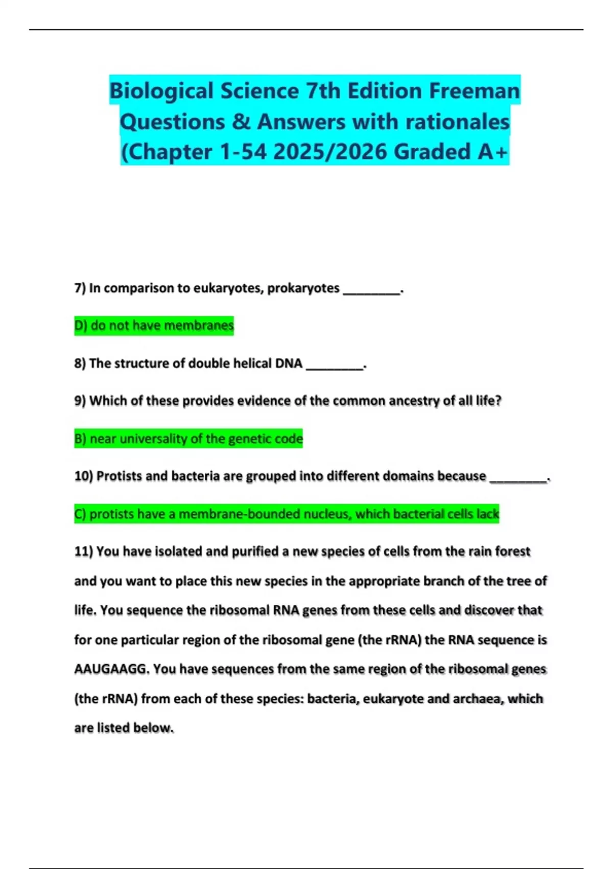 Biological Science 7th Edition Freeman Questions & Answers with ...