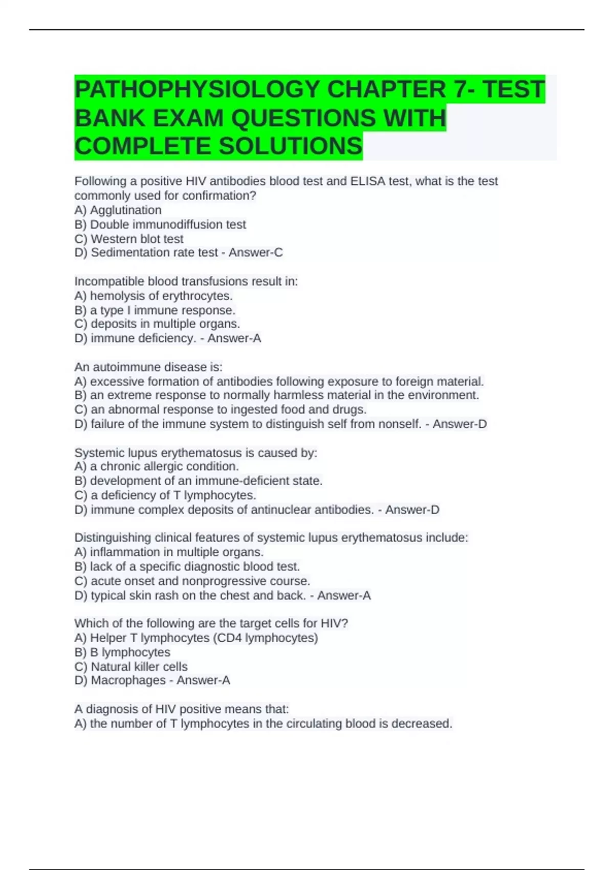 PATHOPHYSIOLOGY CHAPTER 7- TEST BANK EXAM QUESTIONS WITH COMPLETE ...