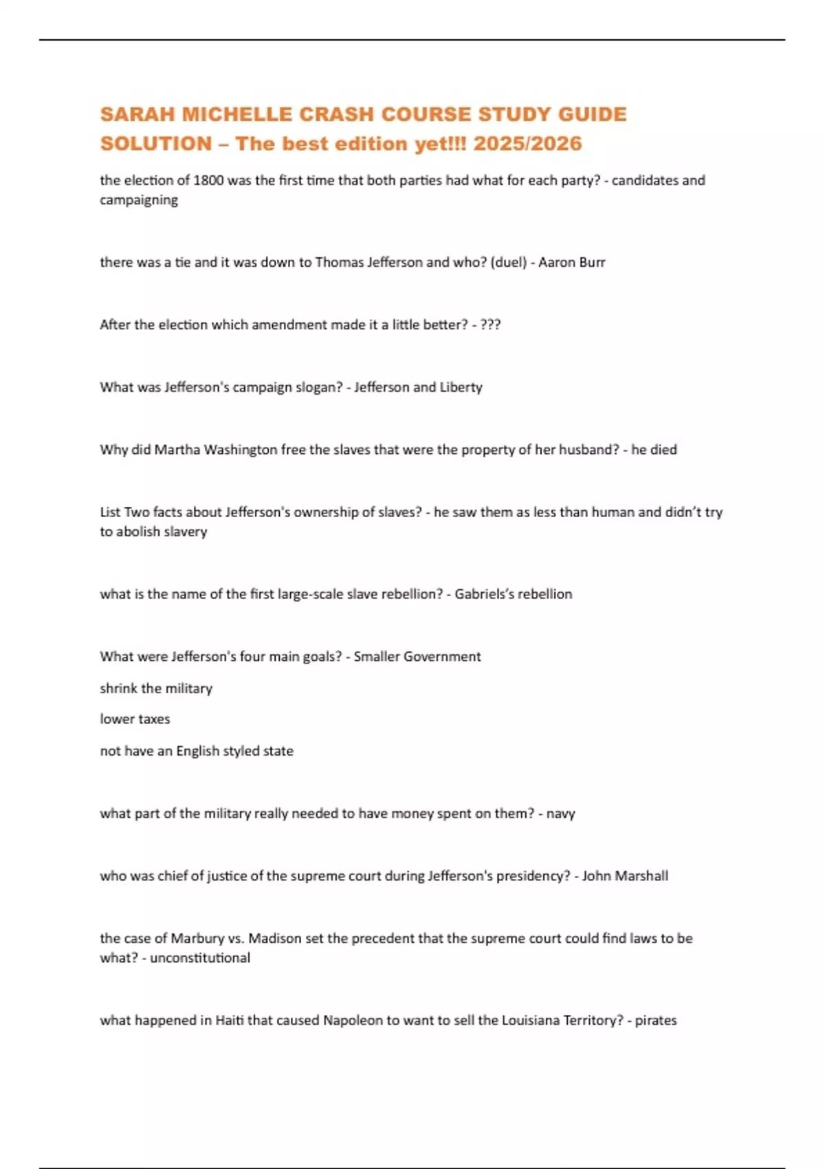 SARAH MICHELLE (most comprehensive CRASH) COURSE STUDY GUIDE SOLUTION ...