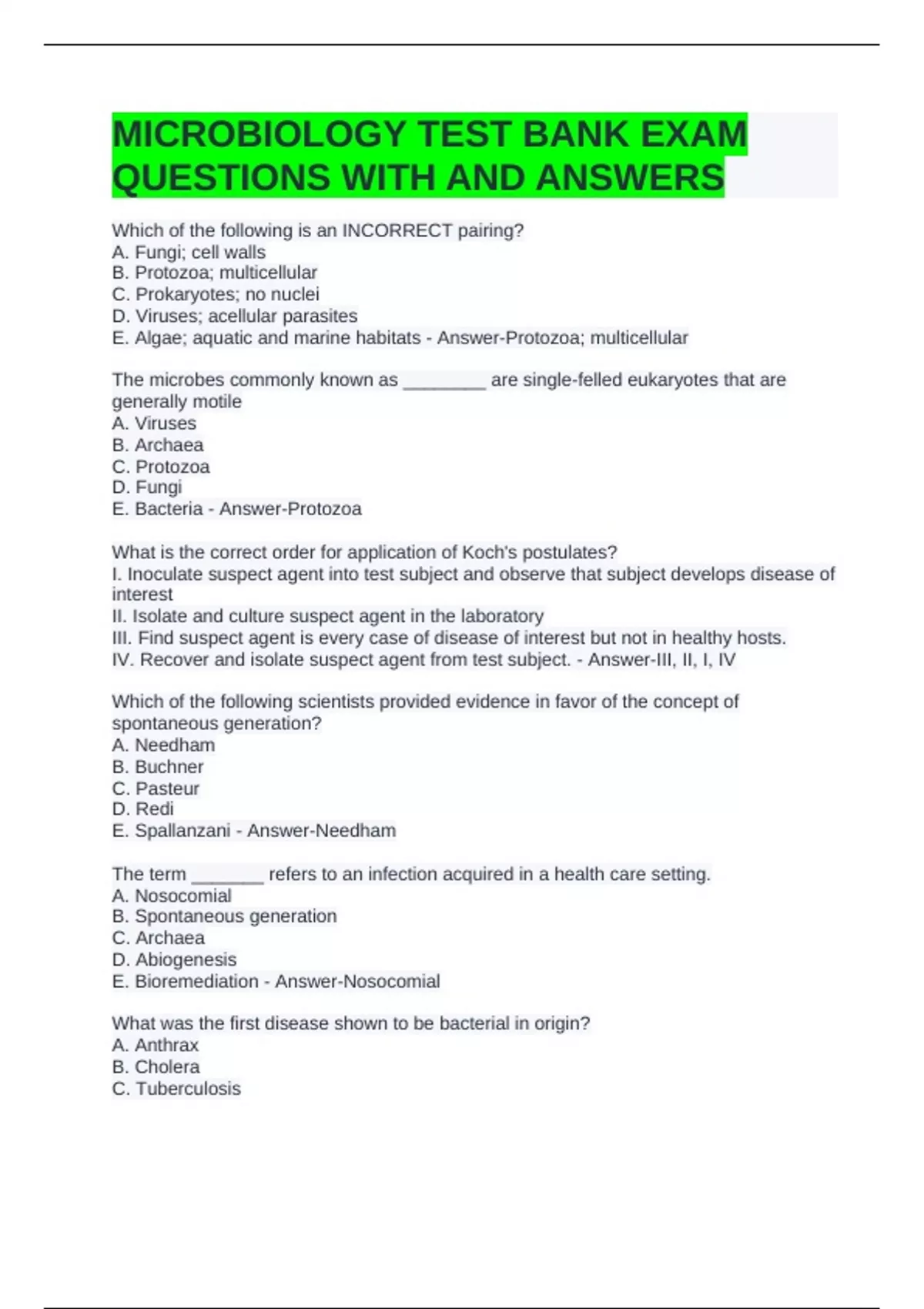 MICROBIOLOGY TEST BANK EXAM QUESTIONS WITH AND ANSWERS - Pathology ...