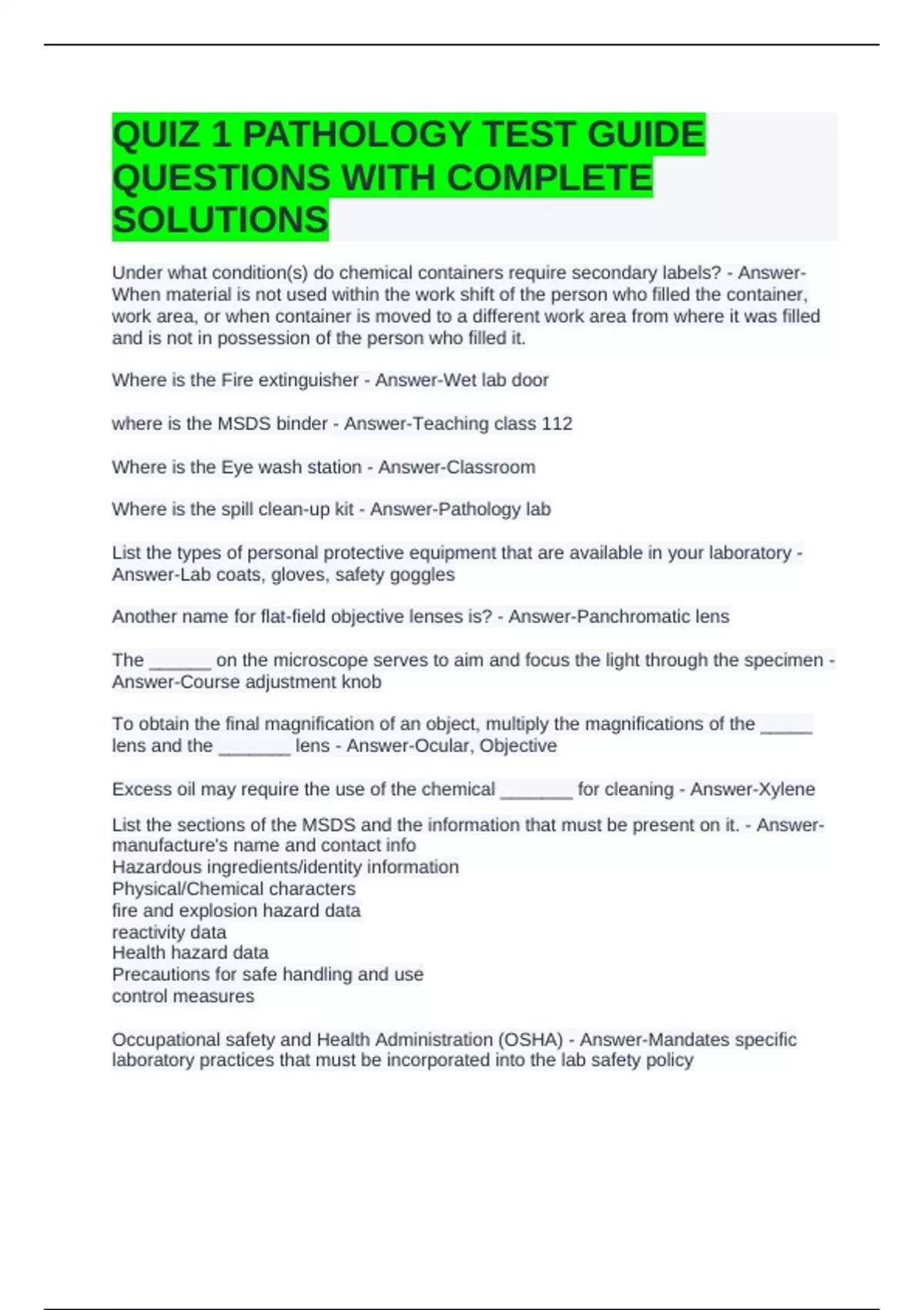 QUIZ 1 PATHOLOGY TEST GUIDE QUESTIONS WITH COMPLETE SOLUTIONS ...