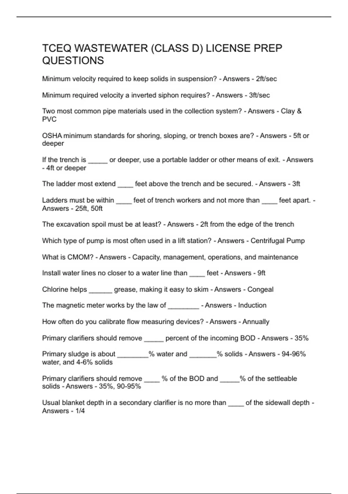TCEQ WASTEWATER (CLASS D) LICENSE PREP QUESTIONS - TCEQ WASTEWATER ...