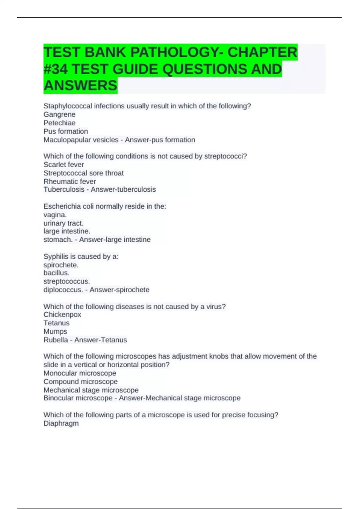 TEST BANK PATHOLOGY- CHAPTER #34 TEST GUIDE QUESTIONS AND ANSWERS ...