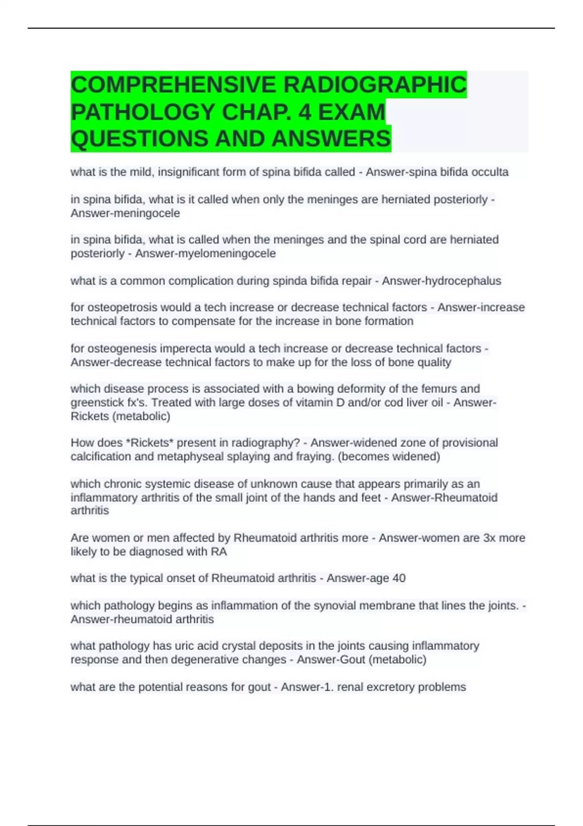 COMPREHENSIVE RADIOGRAPHIC PATHOLOGY CHAP. 4 EXAM QUESTIONS AND ANSWERS ...