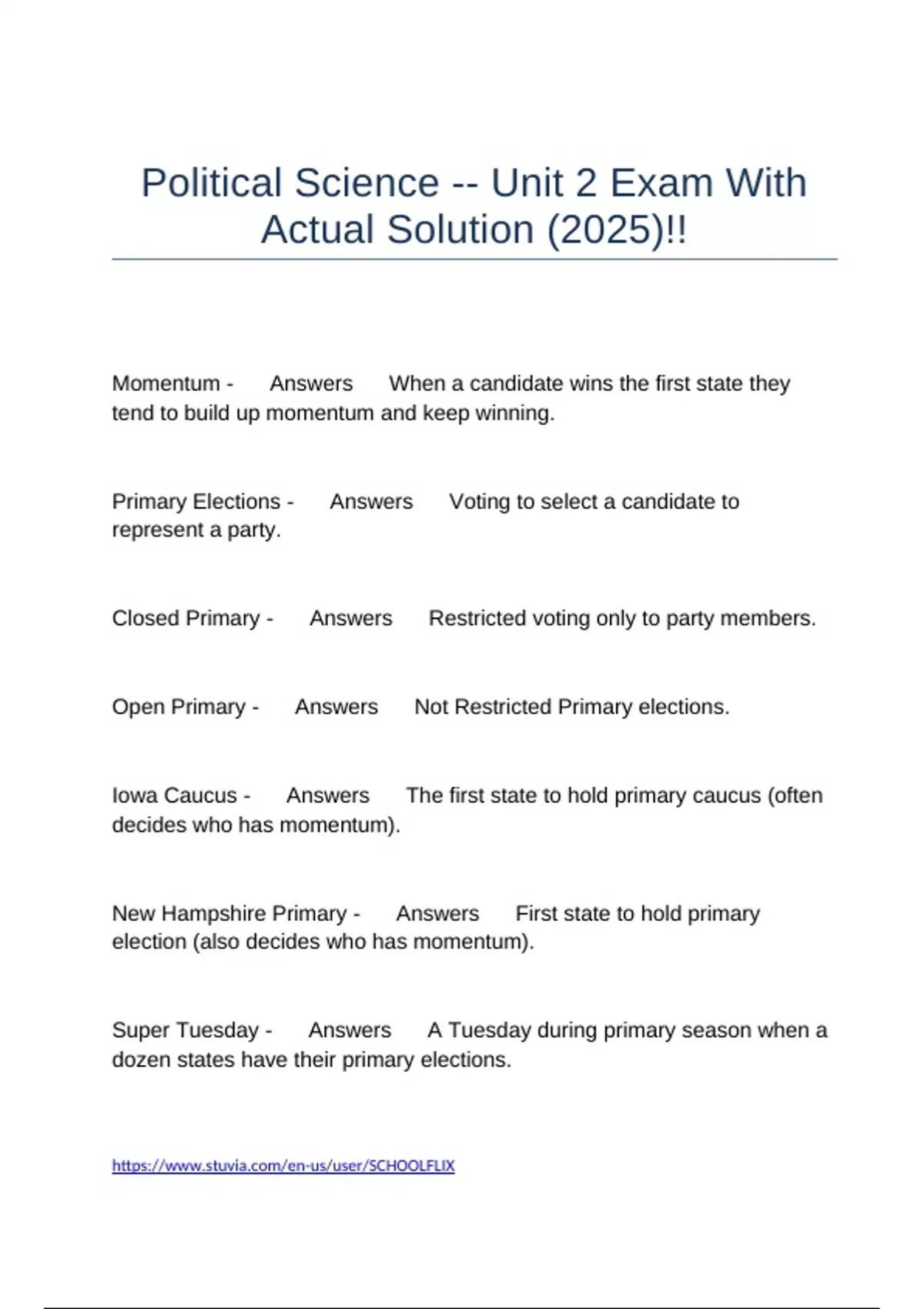 Political Science -- Unit 2 Exam With Actual Solution (2025 ...