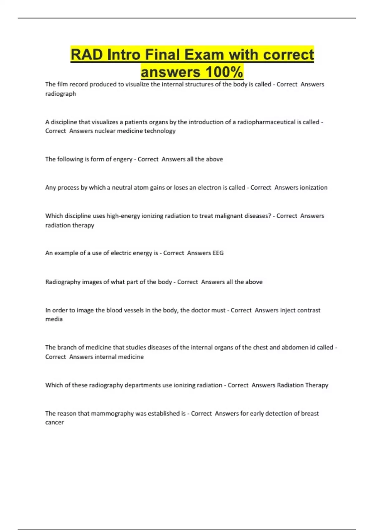RAD Intro Final Exam with correct answers 100% - Rad - Stuvia US