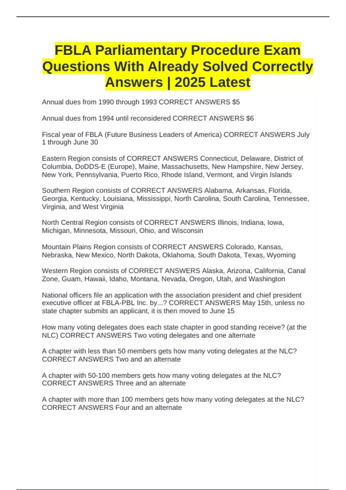 FBLA Parliamentary Procedure Exam Questions With Already Solved ...