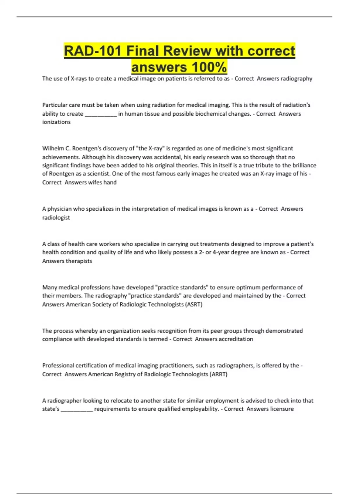 RAD-101 Final Review with correct answers 100% - Rad - Stuvia US