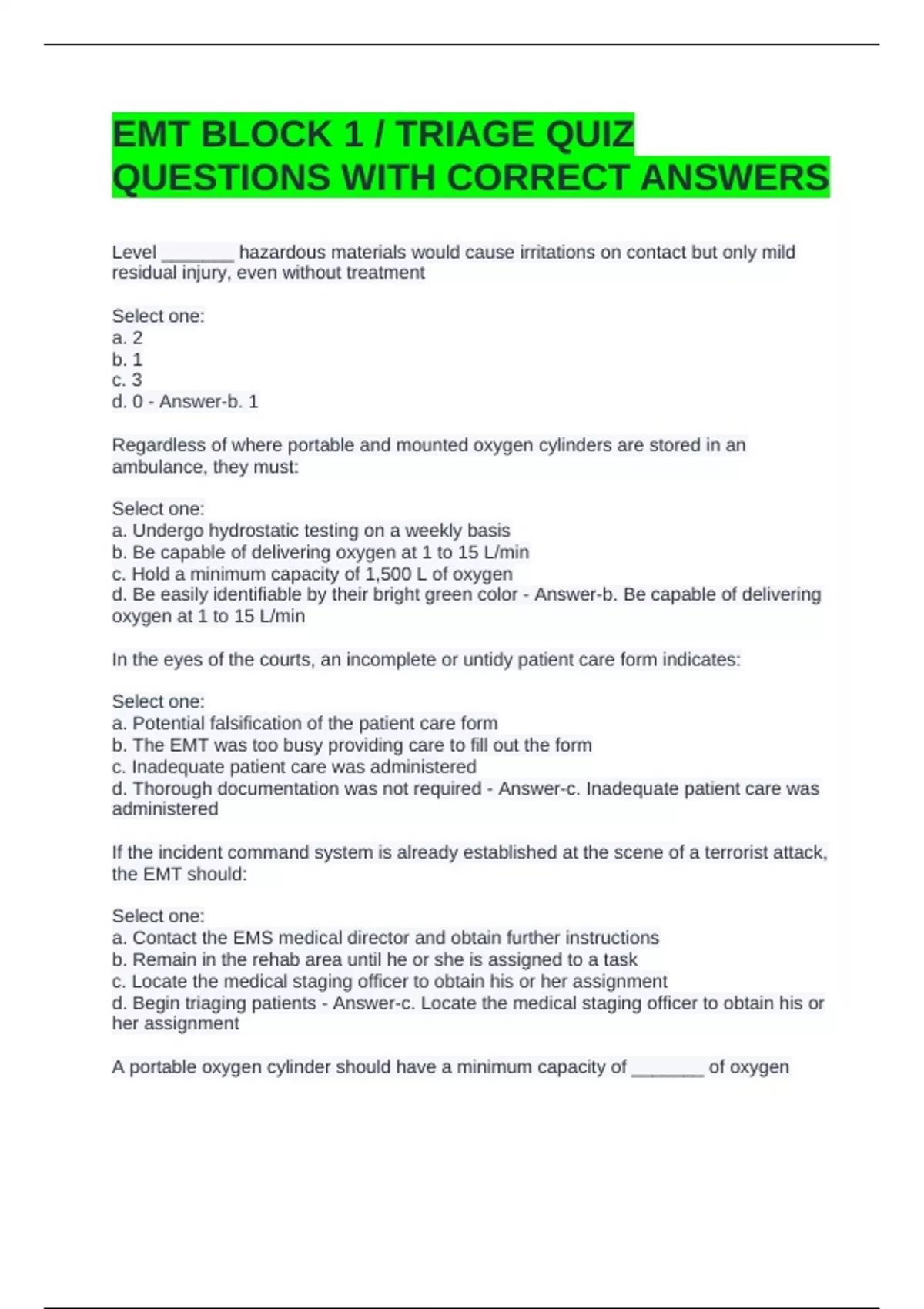 EMT BLOCK 1 / TRIAGE QUIZ QUESTIONS WITH CORRECT ANSWERS - WEST COAST - Stuvia US