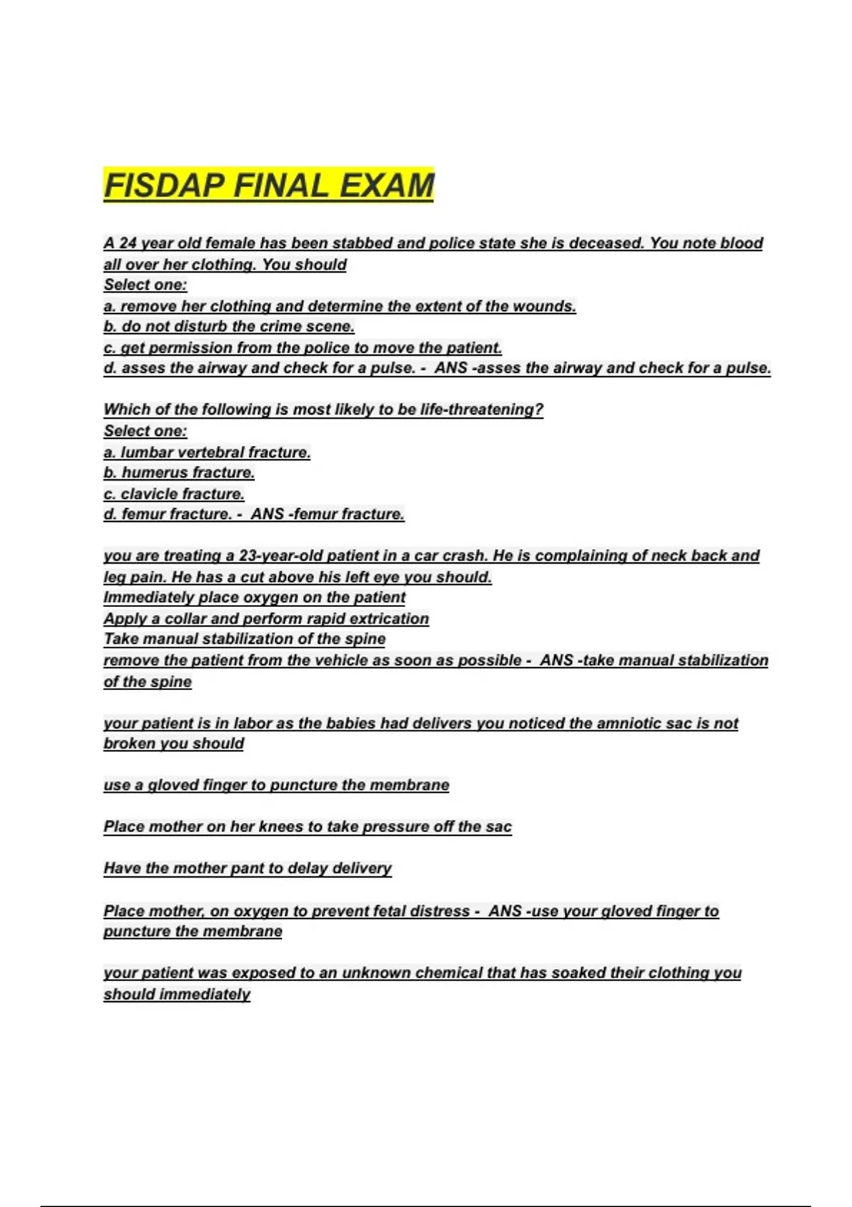 FISDAP FINAL EXAM QUESTIONS AND ANSWERS 2025/2026( A+ GRADED 100% ...