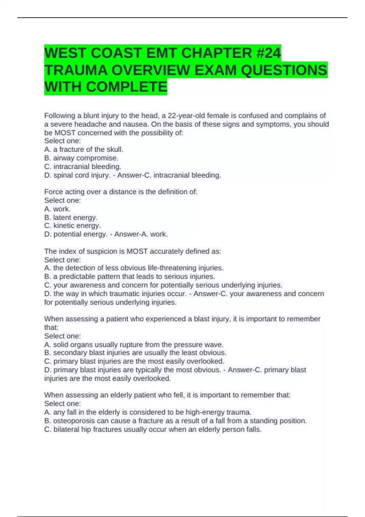 WEST COAST EMT CHAPTER #24 TRAUMA OVERVIEW EXAM QUESTIONS WITH COMPLETE ...
