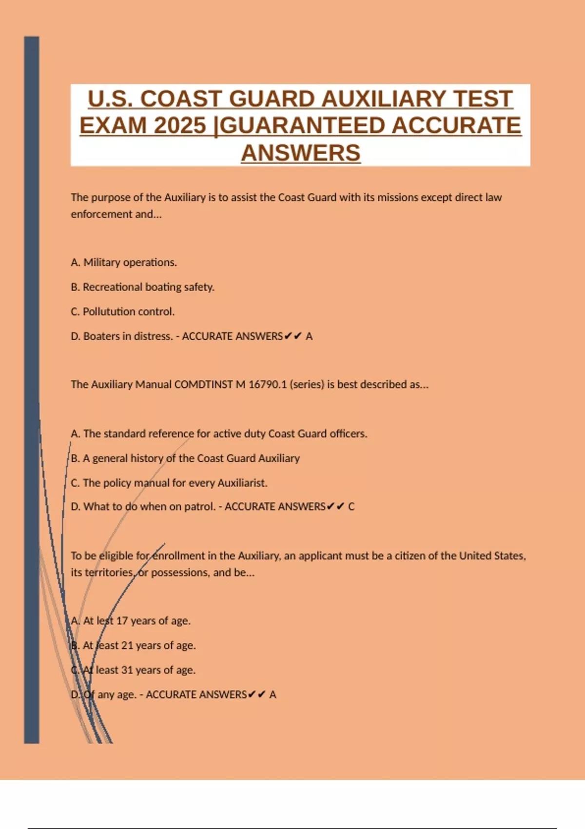 U.S. COAST GUARD AUXILIARY TEST EXAM 2025 |GUARANTEED ACCURATE ANSWERS ...