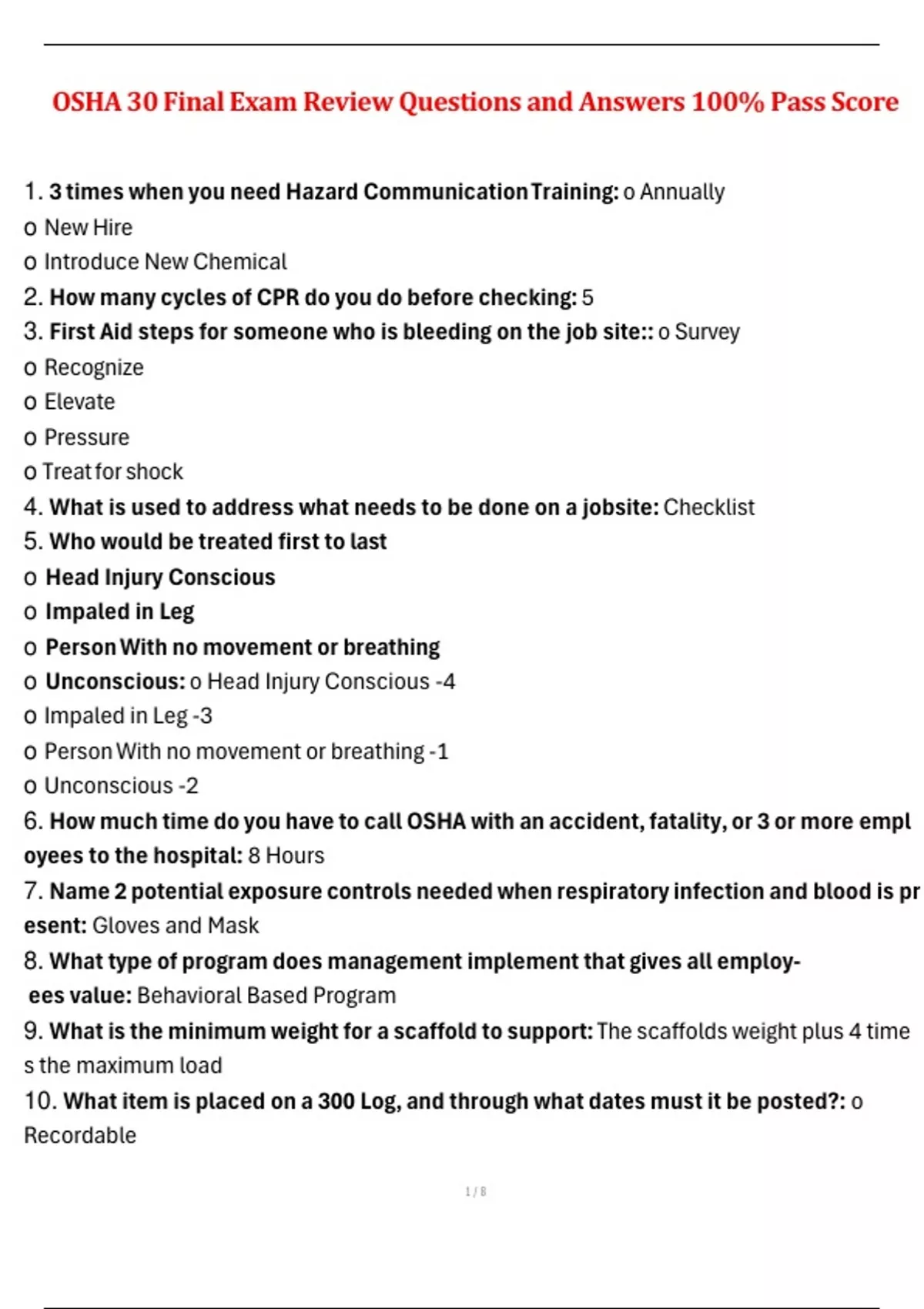 OSHA30FinalExam Review Questions and Answers 100% Pass Score - Osha 30 ...