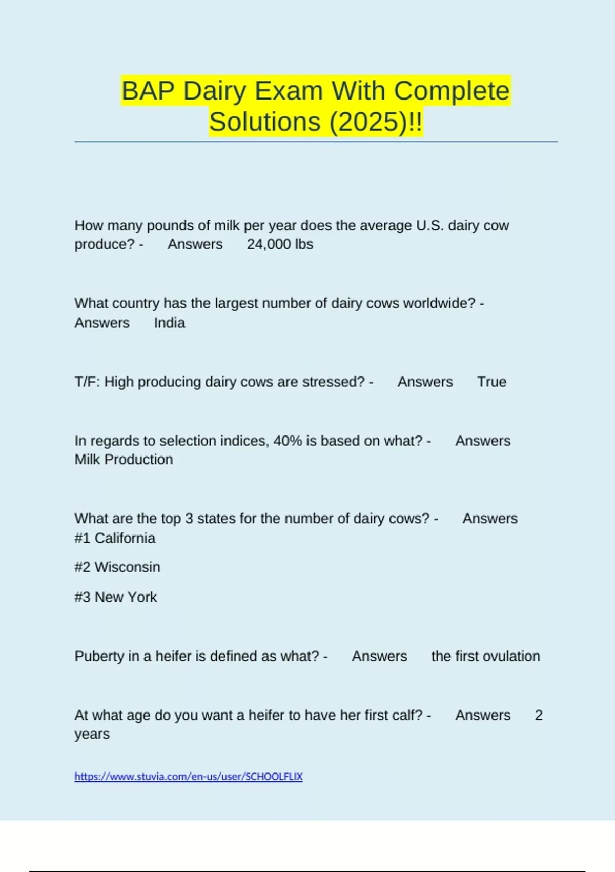 BAP Dairy Exam With Complete Solutions (2025)!! - BAP - Stuvia US