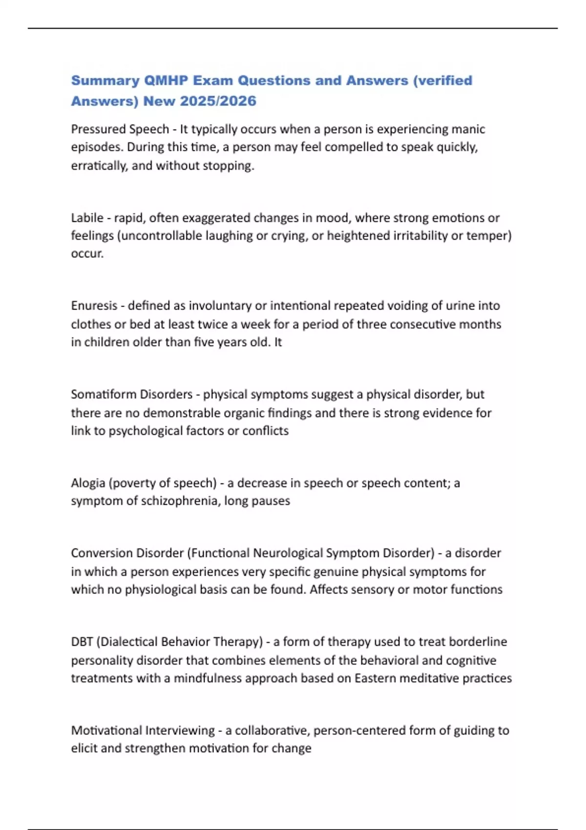 Summary QMHP Exam Questions and Answers (verified Answers) New 2025/ ...