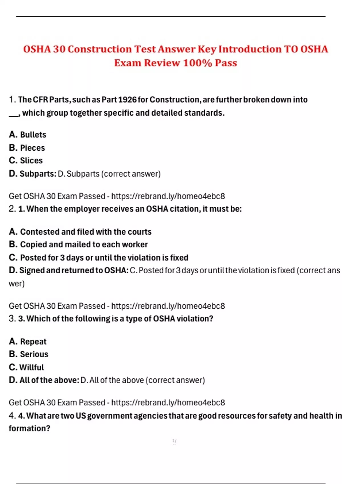 OSHA 30 Construction Test Answer Key Introduction TO OSHA Exam Review ...