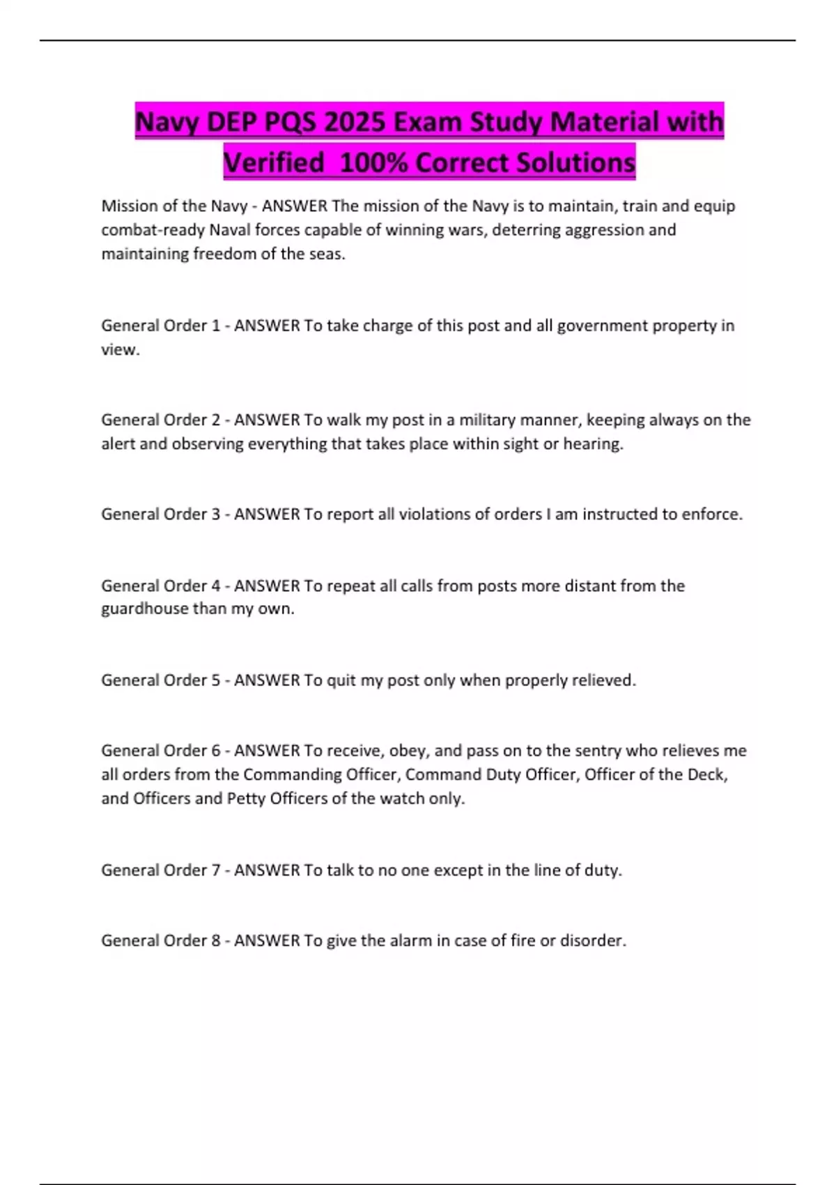 Navy DEP PQS 2025 Exam Study Material with Verified 100% Correct Solutions - DEP PQS - Stuvia US