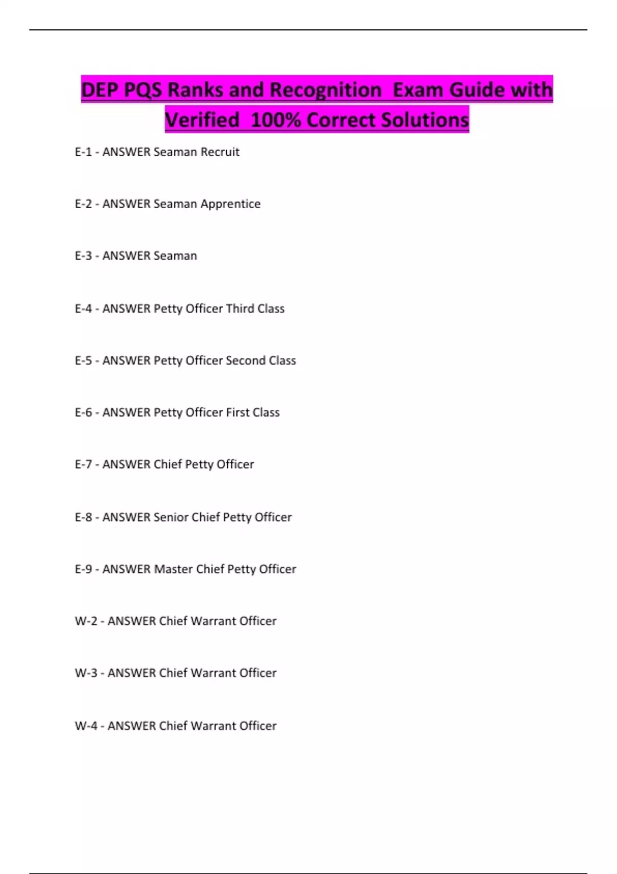 DEP PQS Ranks and Recognition Exam Guide with Verified 100% Correct ...