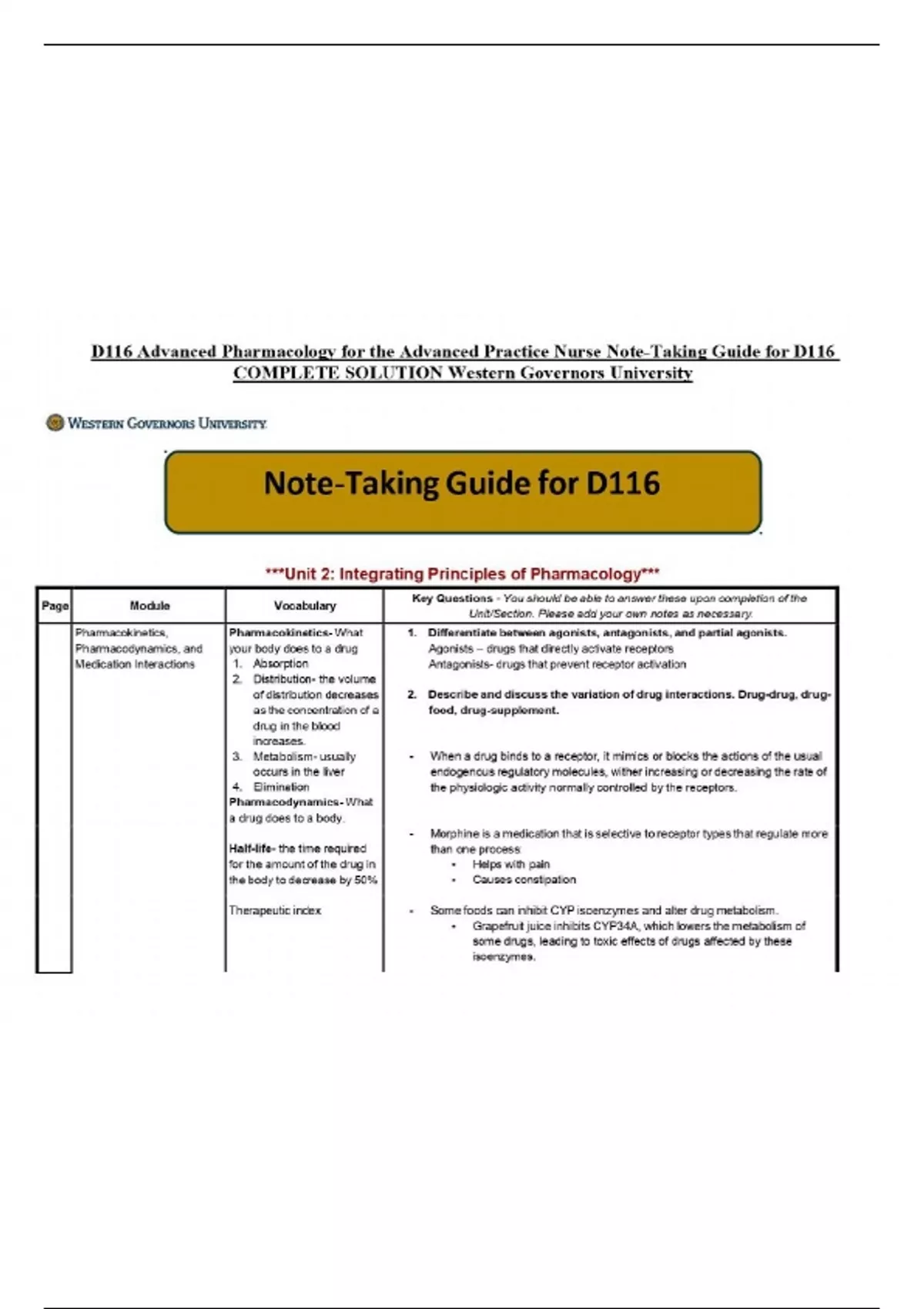 D116 Advanced Pharmacology for the Advanced Practice Nurse Note-Taking Guide for D116 COMPLETE ...