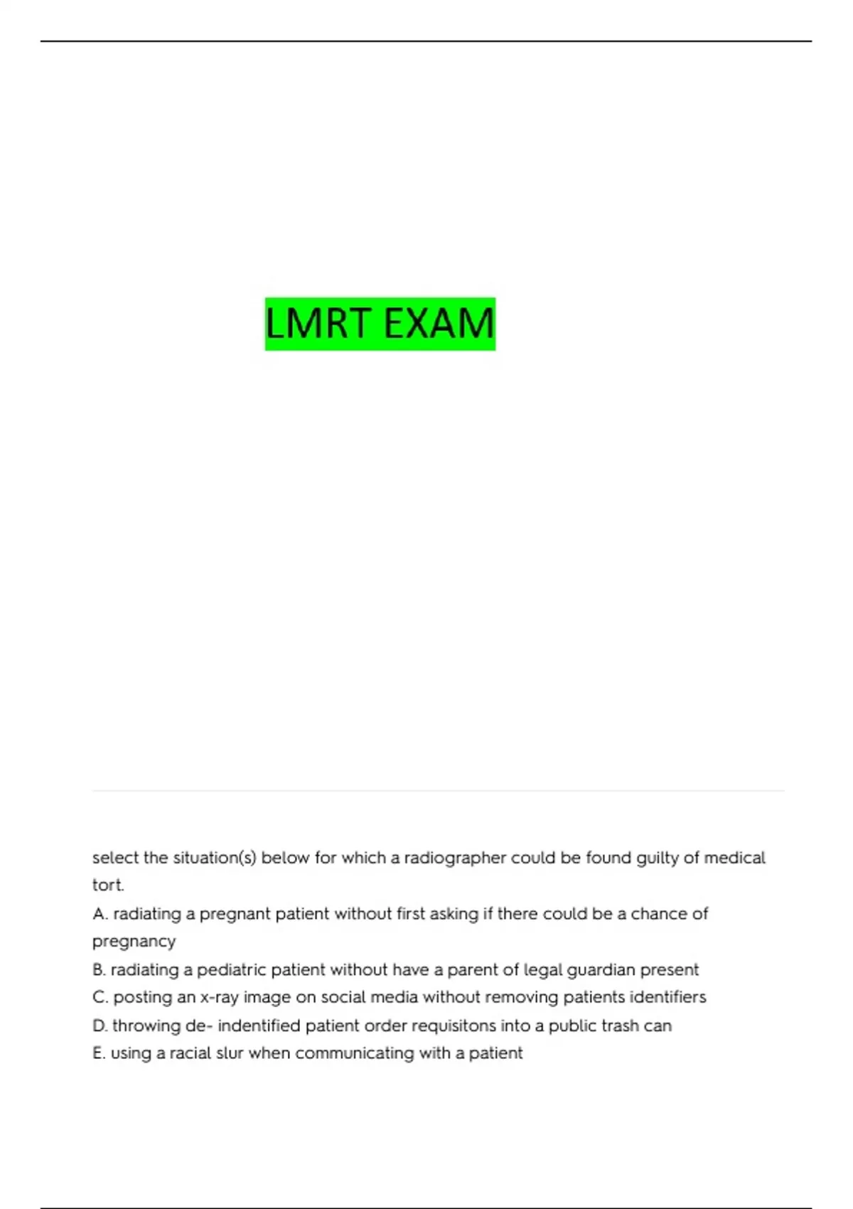 LMRT STATE EXAM PREP QUESTIONS WITH COMPLETE ANSWERS - LMRT - Stuvia US