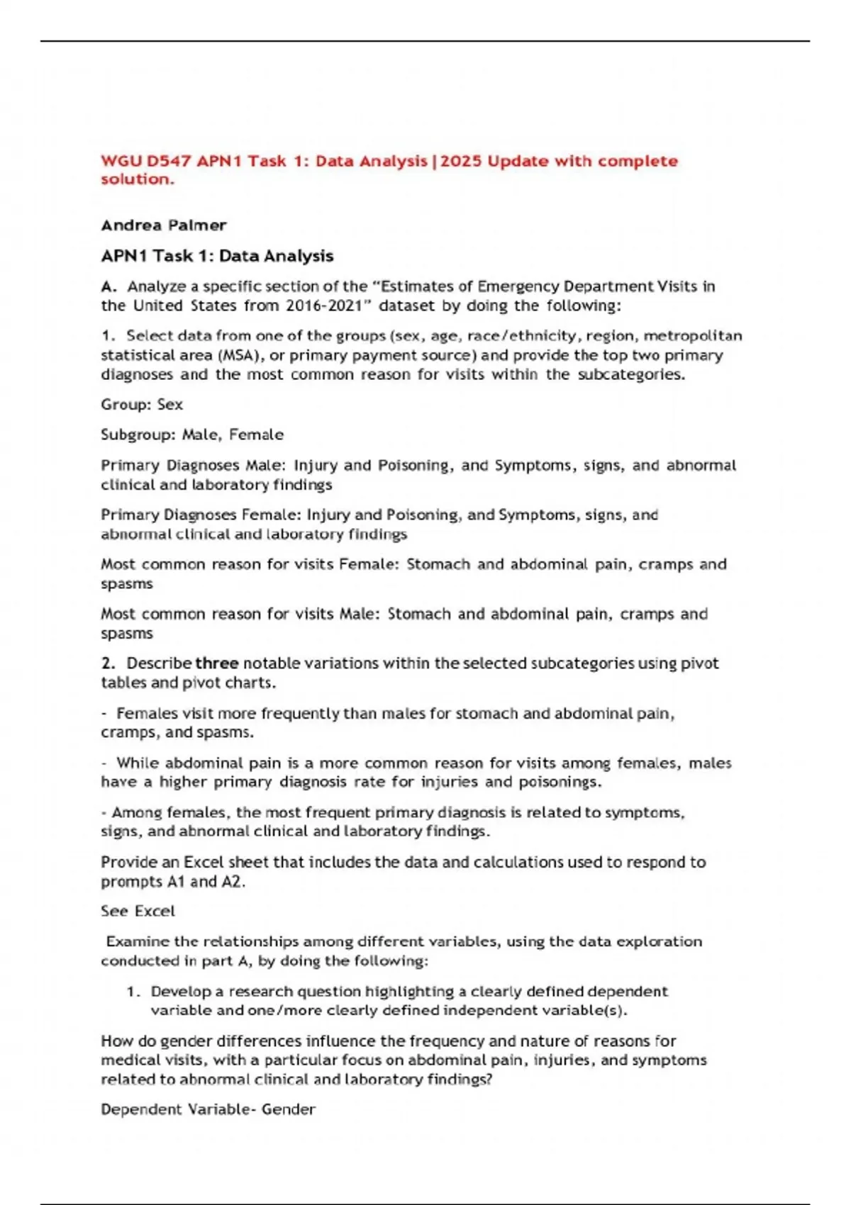 WGU D547 APN1 Task 1: Data Analysis|2025 Update with complete solution ...