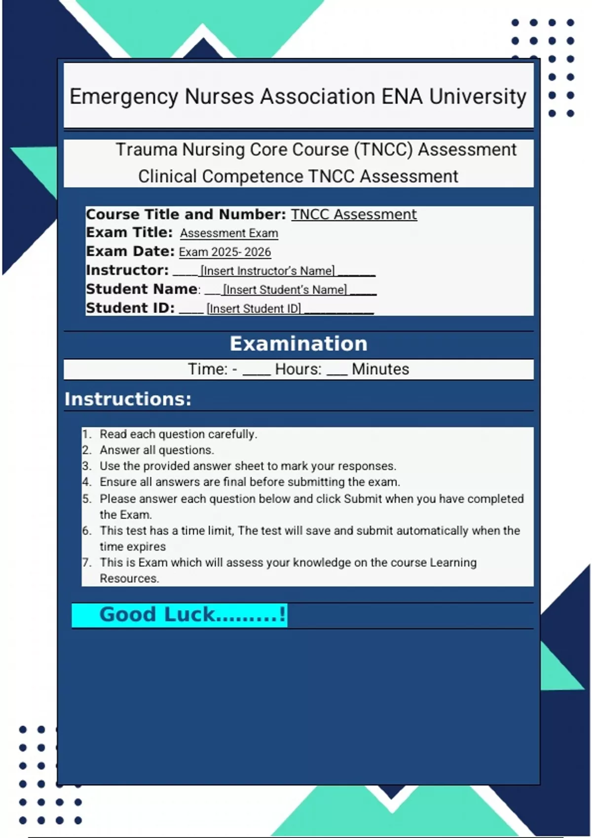 TNCC 7th Edition TNCC TNP Trauma Nursing Process Exam Review Questions and Answers | 100% Pass ...