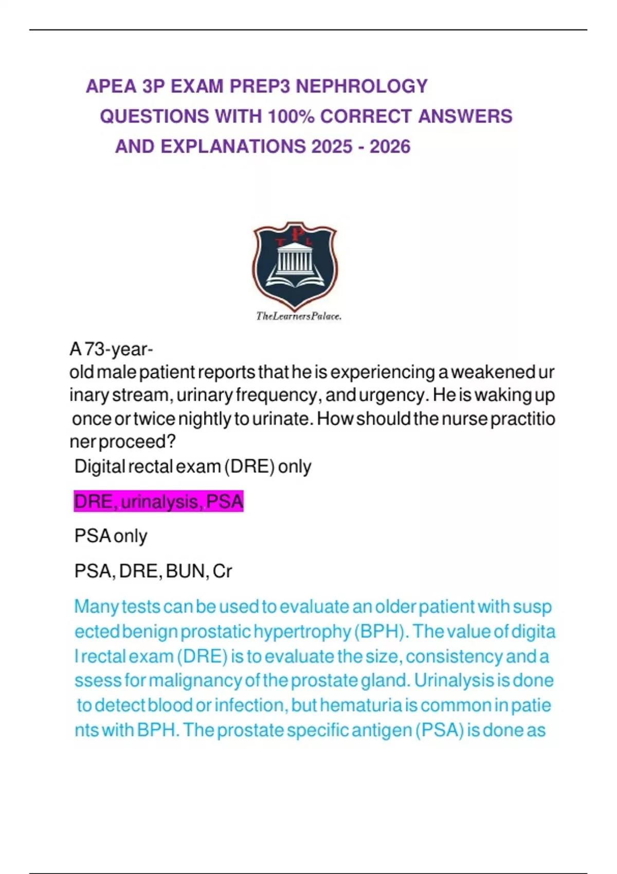 APEA 3P EXAM PREP3 NEPHROLOGY QUESTIONS WITH 100 CORRECT ANSWERS AND ...