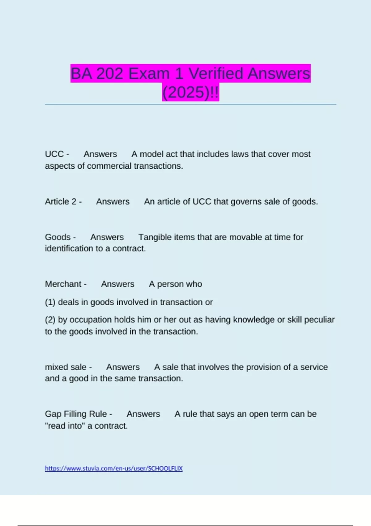 BA 202 Exam 1 Verified Answers (2025)!! - BA 501 - Stuvia US