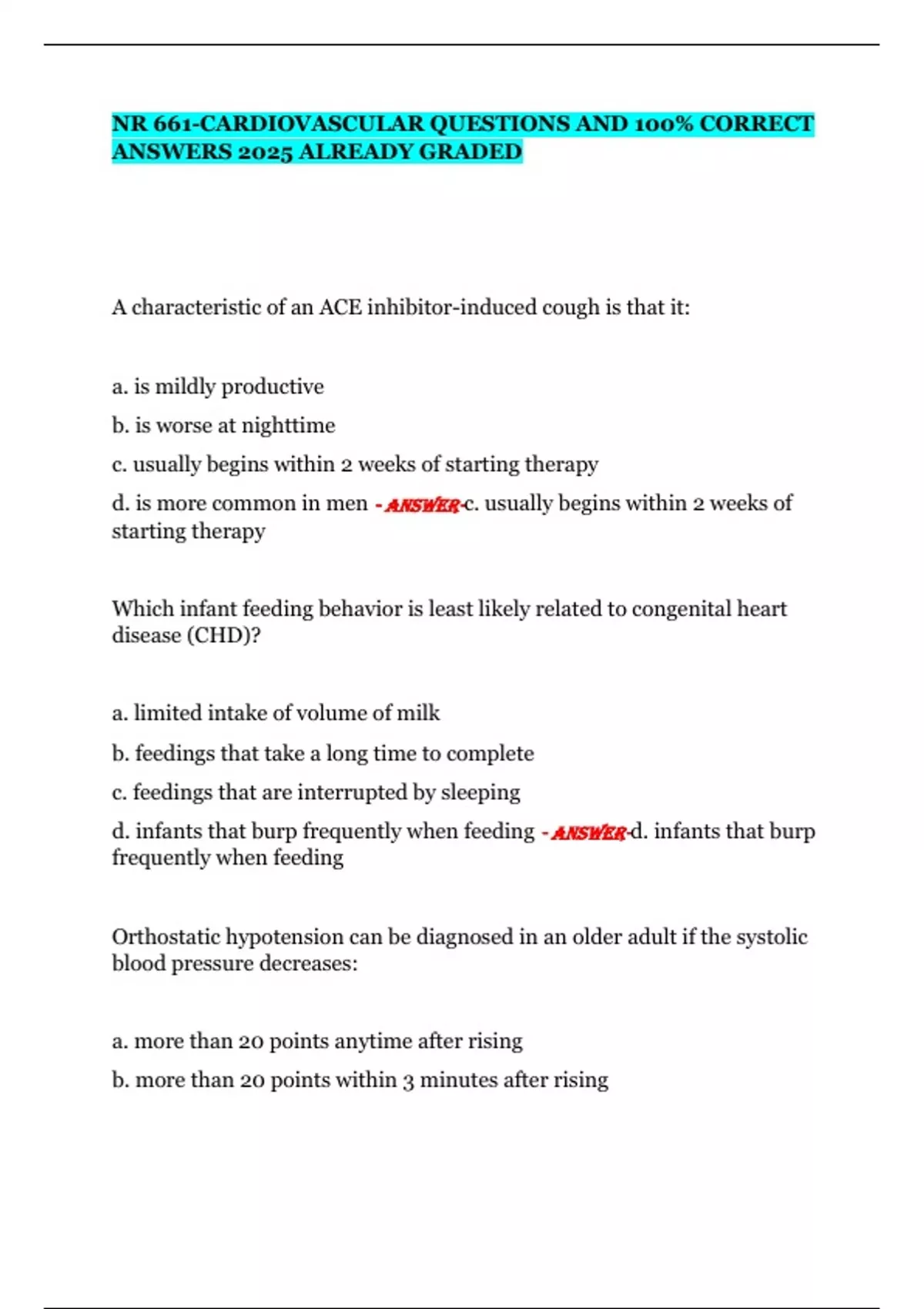 NR 661-CARDIOVASCULAR QUESTIONS AND 100% CORRECT ANSWERS 2025 ALREADY ...