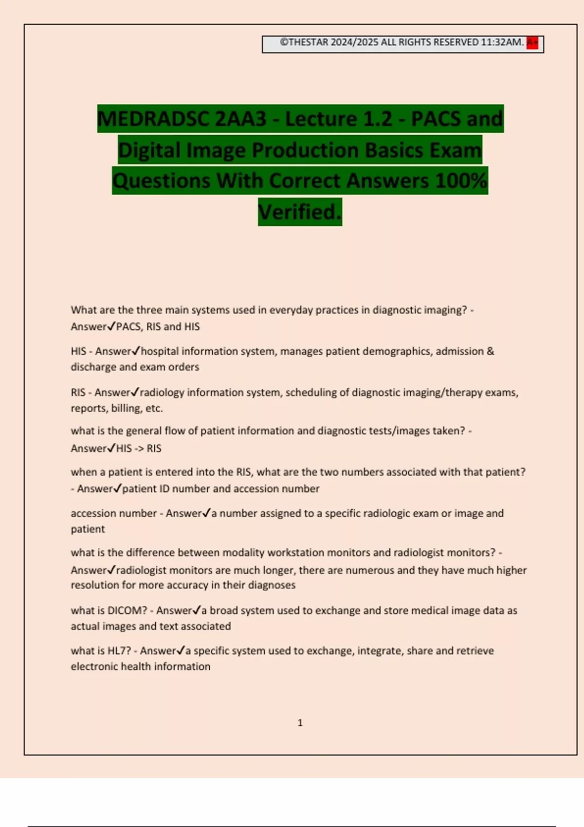 MEDRADSC 2AA3 - Lecture 1.2 - PACS and Digital Image Production Basics Exam Questions With ...