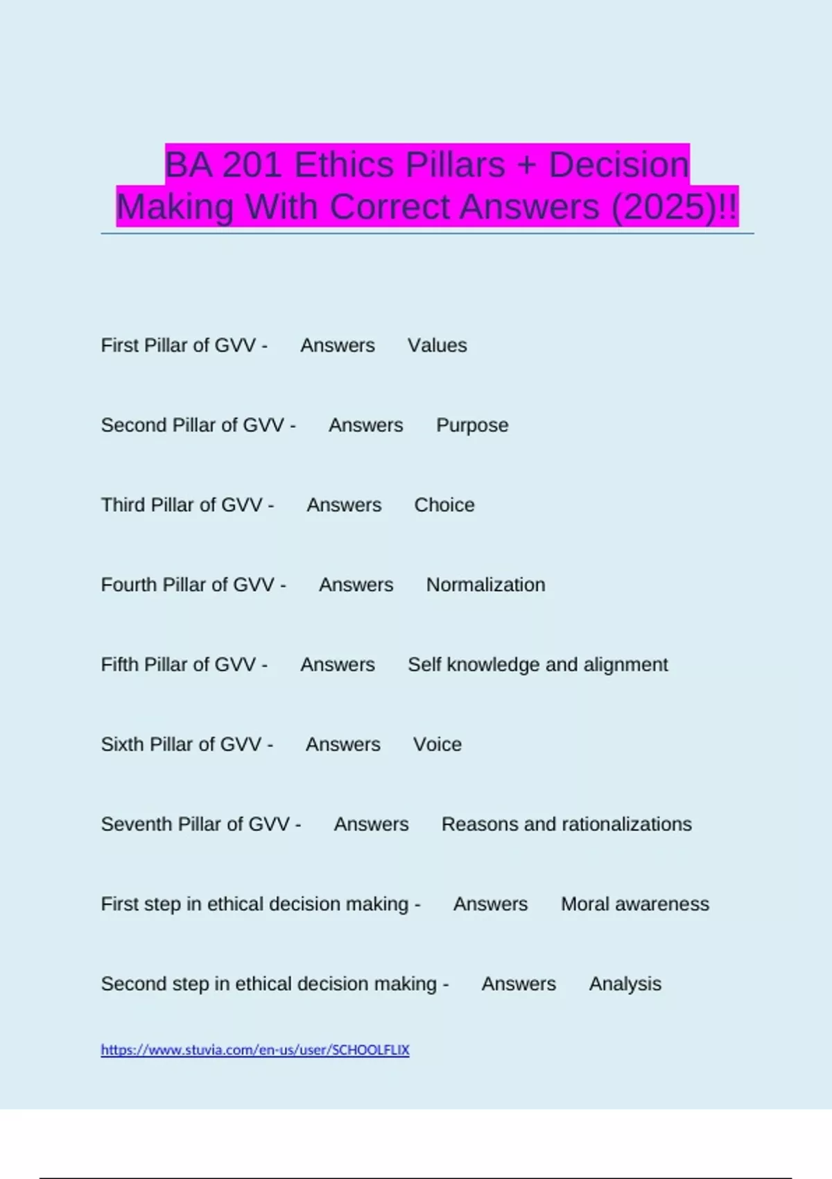 BA 201 Ethics Pillars + Decision Making With Correct Answers (2025 ...